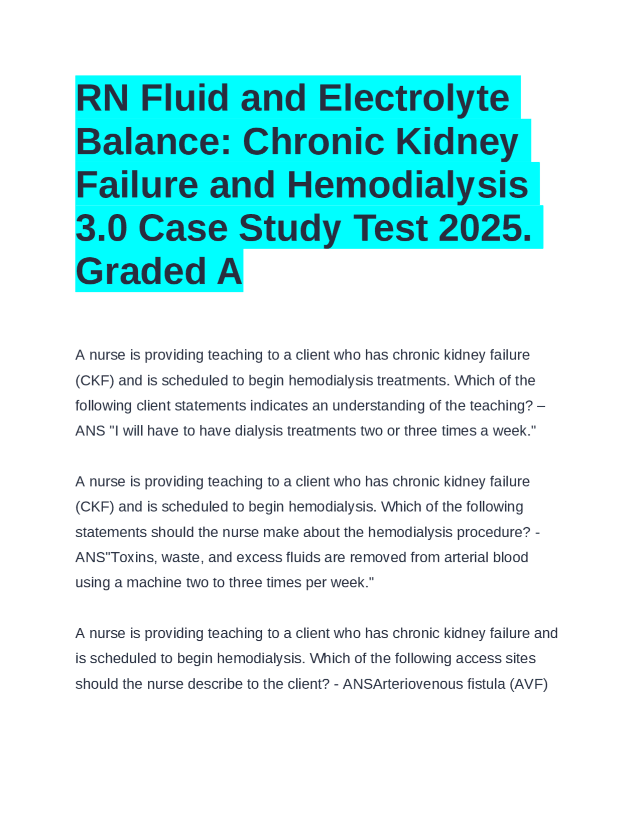 RN Fluid and Electrolyte Balance: Chronic Kidney Failure and ...