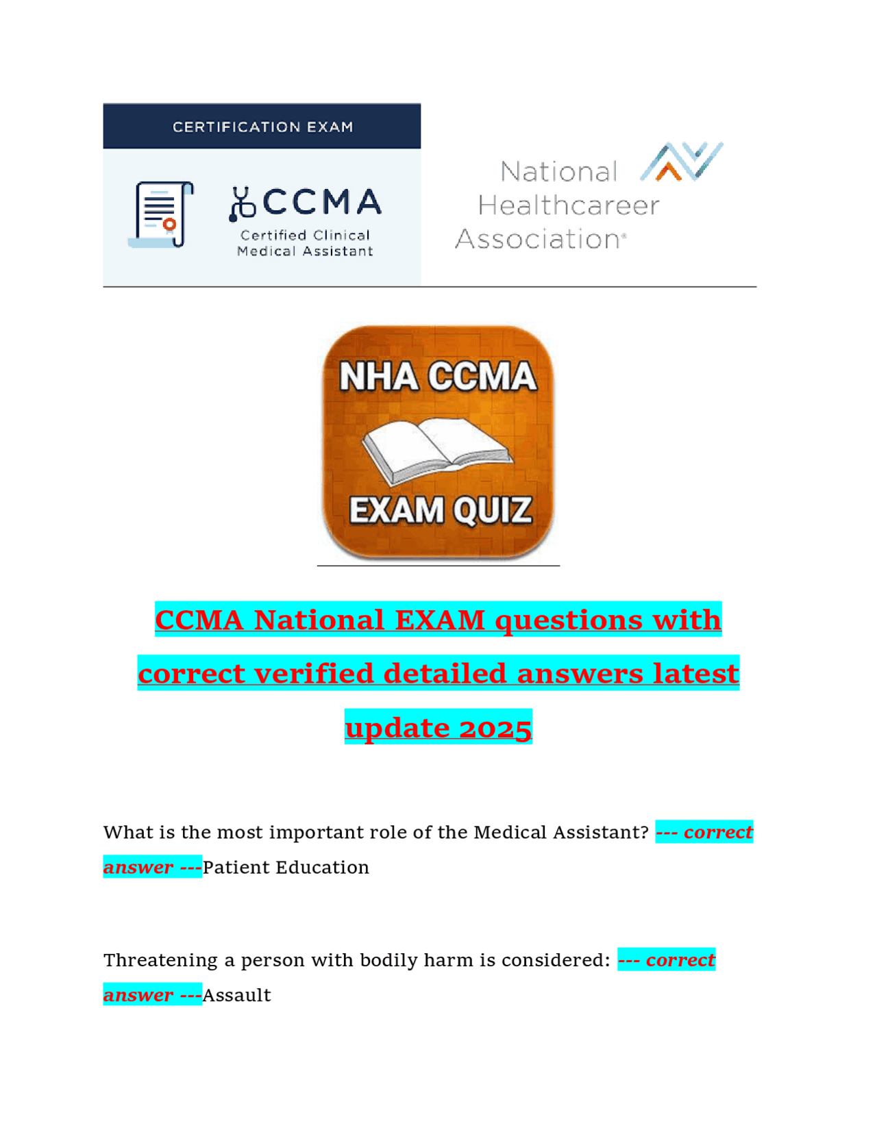 CCMA National EXAM questions with correct verified detailed answers ...