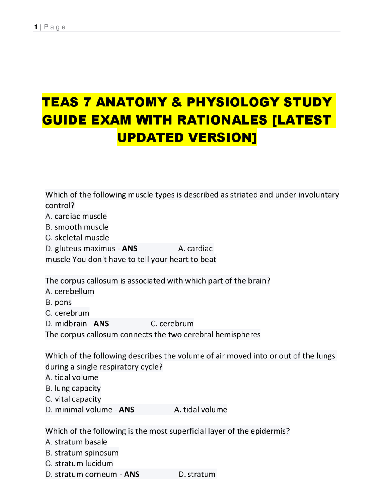 TEAS 7 ANATOMY & PHYSIOLOGY STUDY GUIDE EXAM WITH RATIONALES | Exams ...