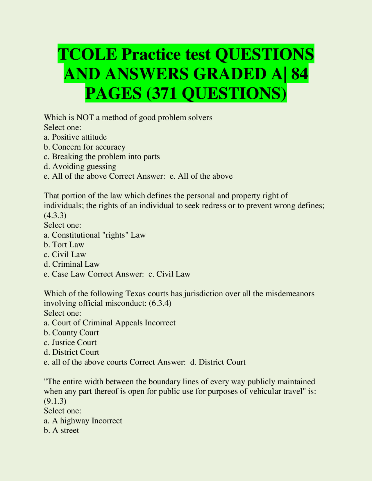 TCOLE Practice test QUESTIONS AND ANSWERS GRADED A 84 PAGES (371 ...