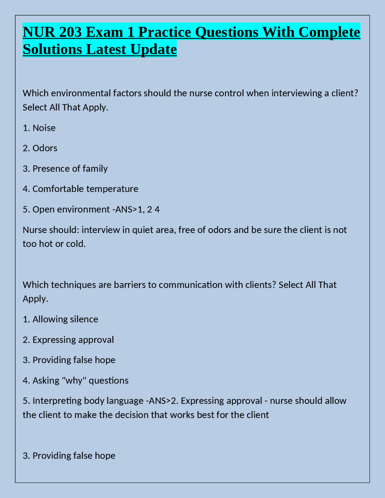 NUR 203 Exam 1 Practice Questions With Complete Solutions: A Guide to ...