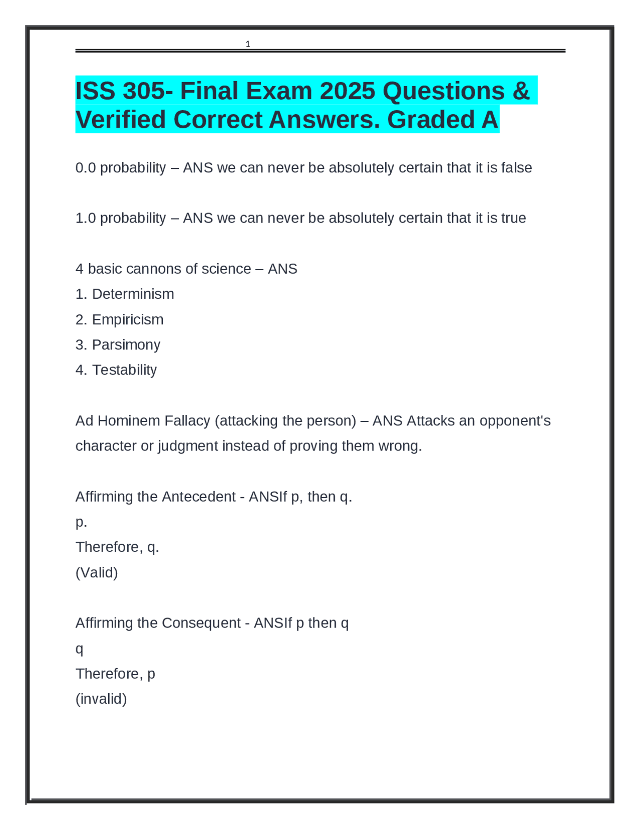 ISS 305 Final Exam 2025: Questions & Answers on Scientific Reasoning and Fallacies | Exams ...