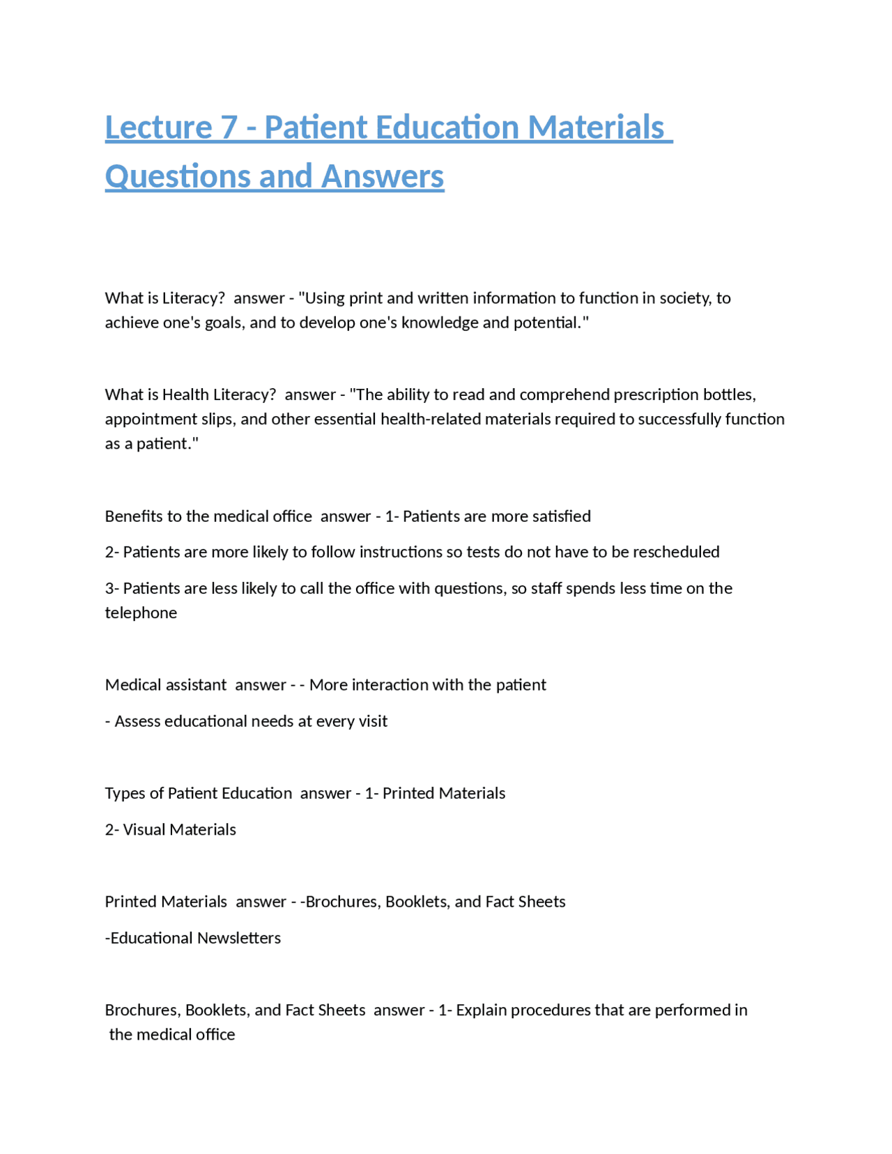 Lecture 7 - Patient Education Materials Questions and Answers | Exams ...