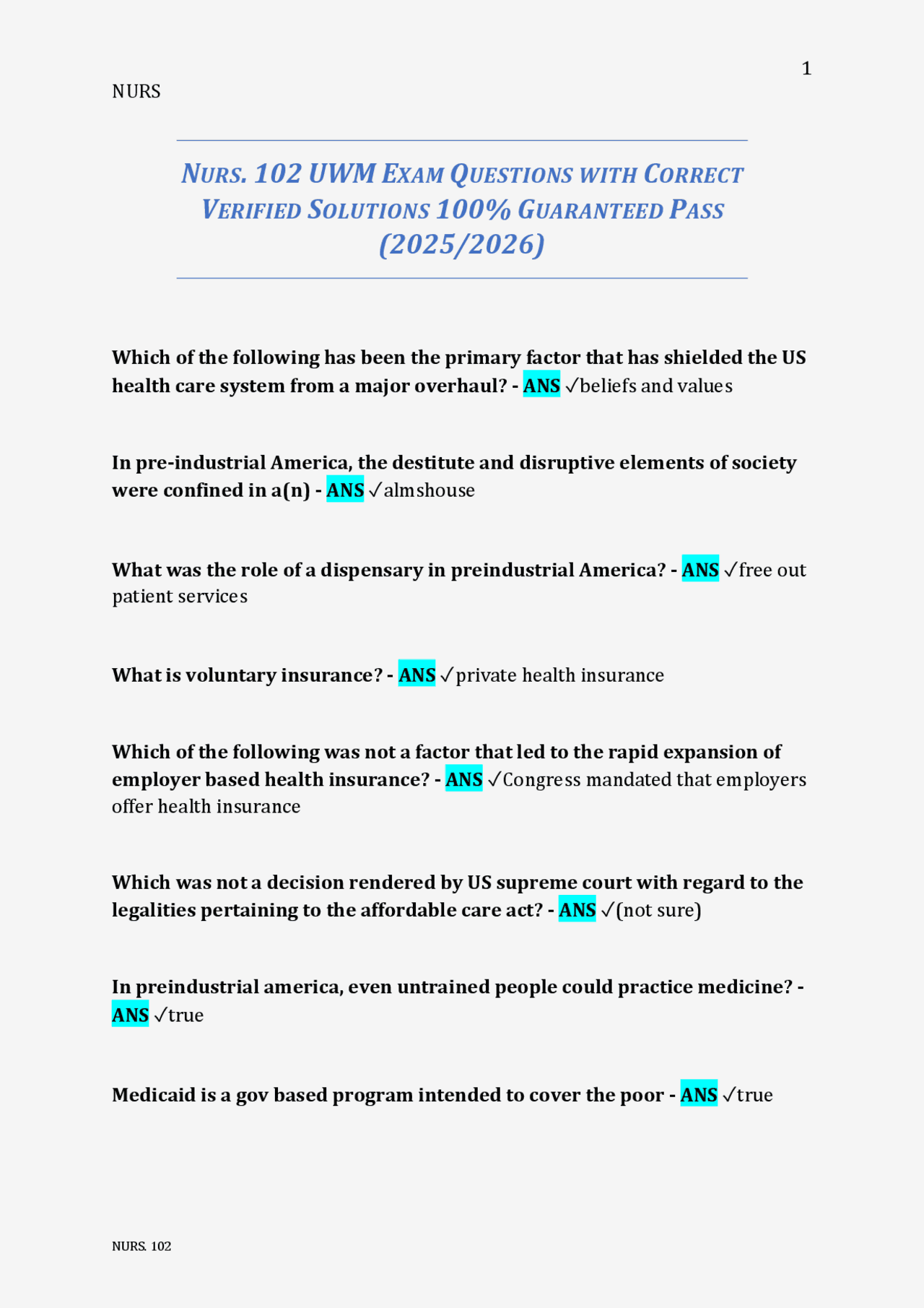 NURS. 102 UWM EXAM QUESTIONS WITH CORRECT VERIFIED SOLUTIONS 100% ...