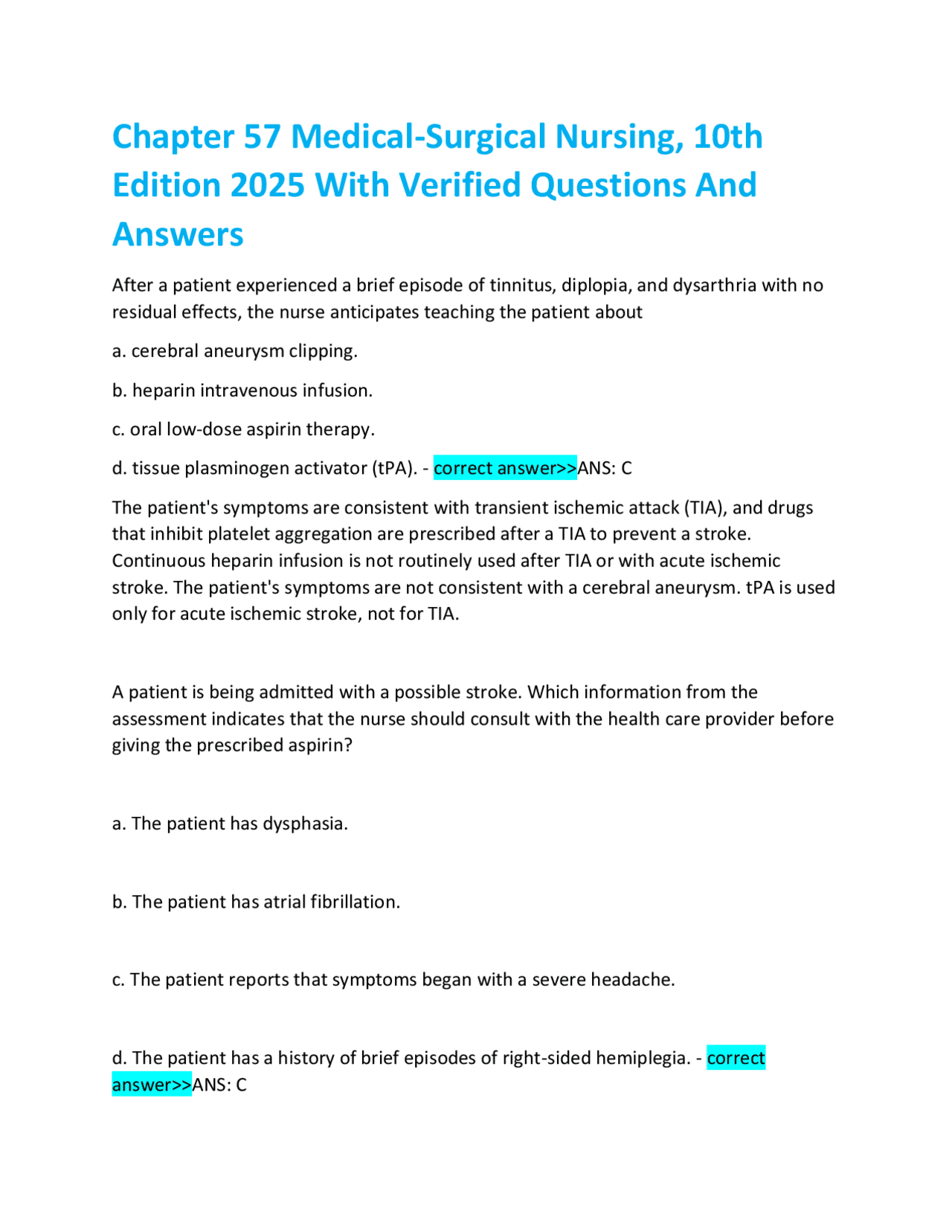 Stroke Management and Related Conditions: MCQs | Exams Nursing | Docsity