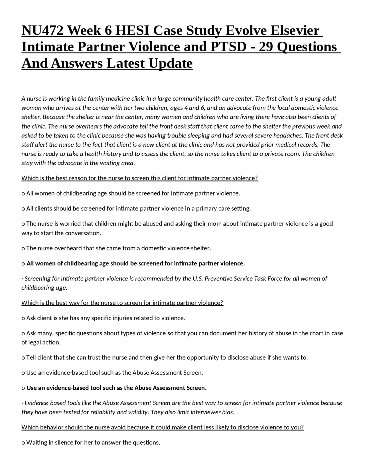 NU472 Week 6 HESI Case Study Evolve Elsevier Intimate Partner Violence and PTSD - 29 Quest ...