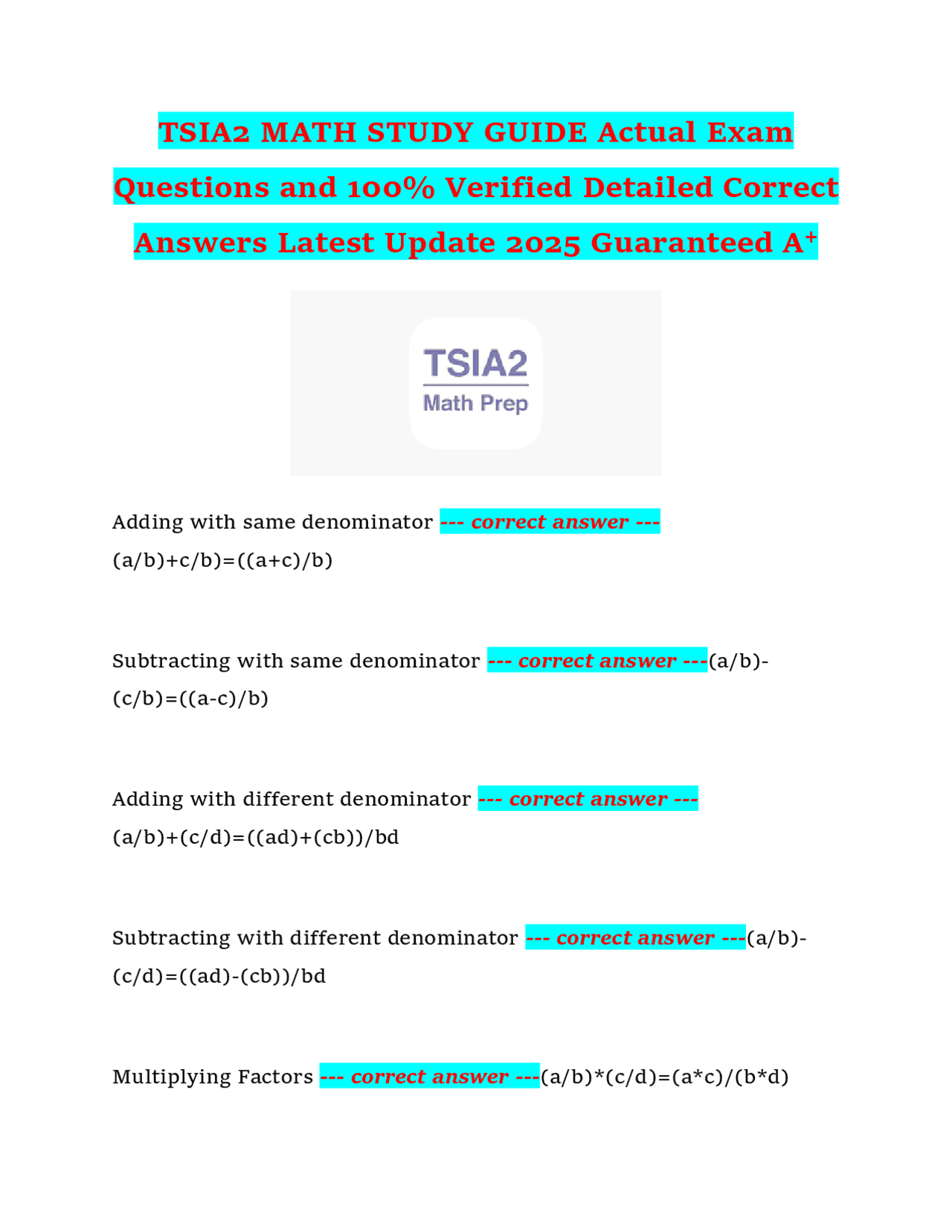 TSIA2 MATH STUDY GUIDE Actual Exam Questions and 100% Verified Detailed ...