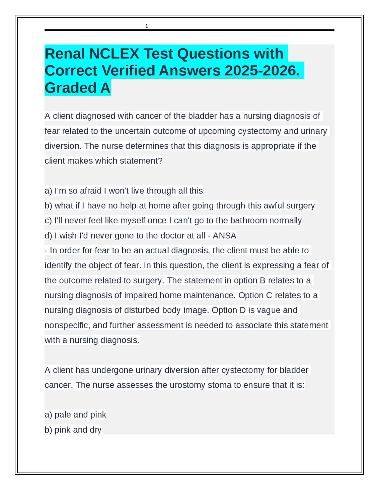 Renal NCLEX Test Questions with Correct Verified Answers 2025-2026 ...