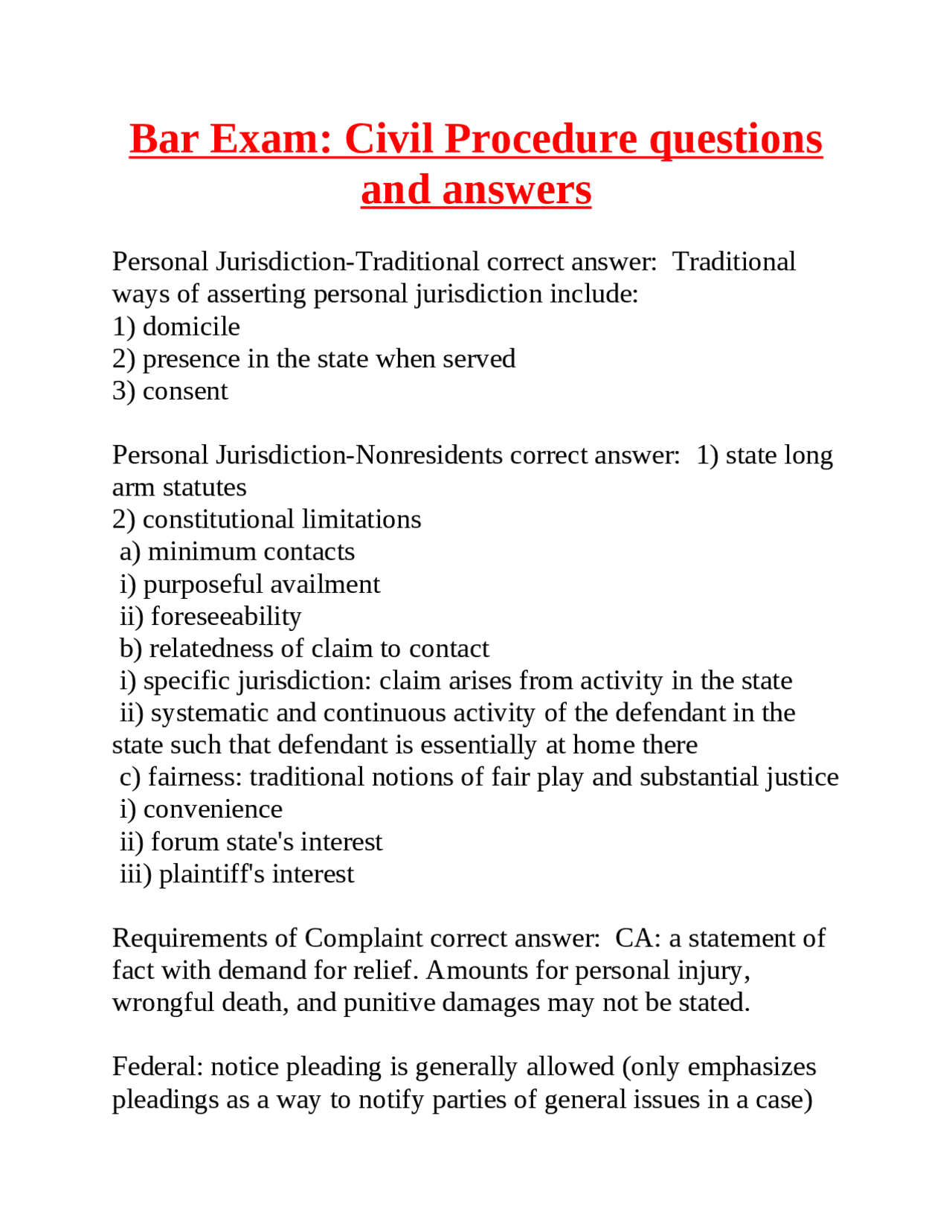 Bar Exam: Civil Procedure questions and answers | Exams Nursing | Docsity