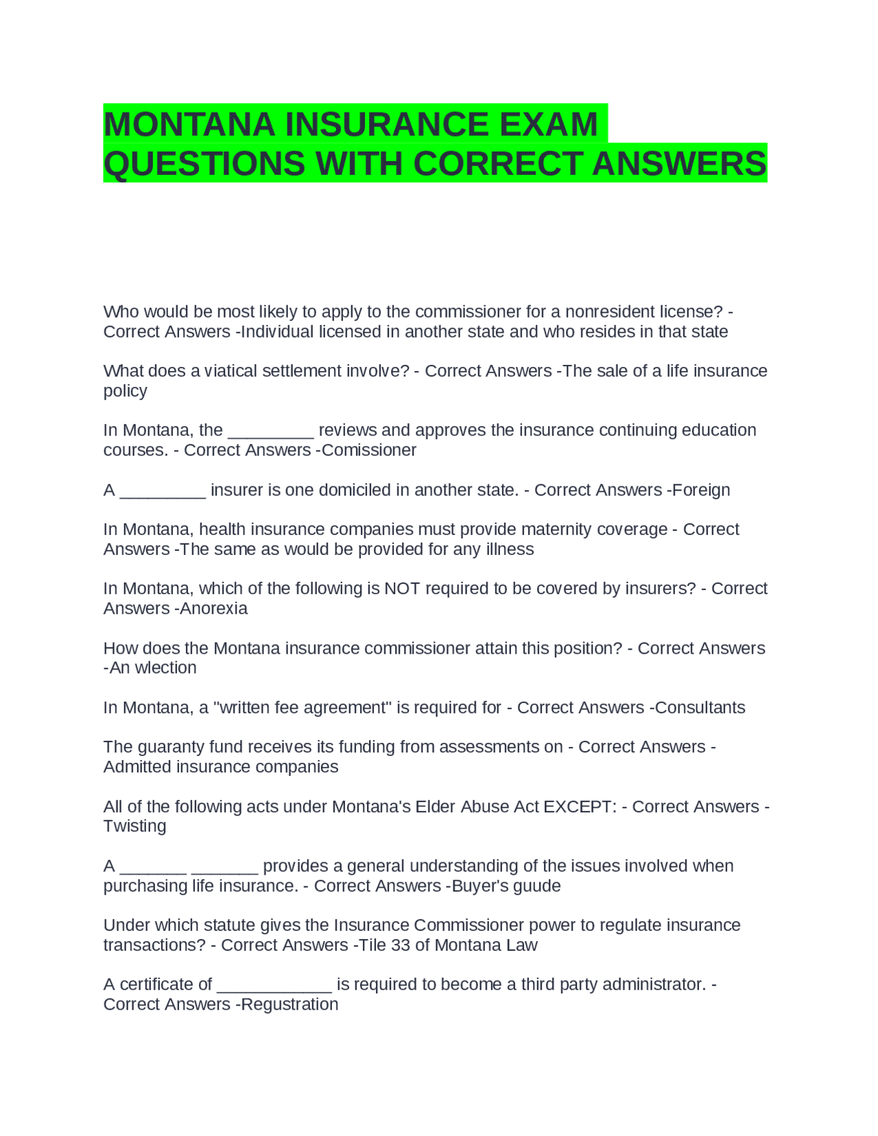 Montana Insurance Exam Questions and Answers | Exams Insurance law ...