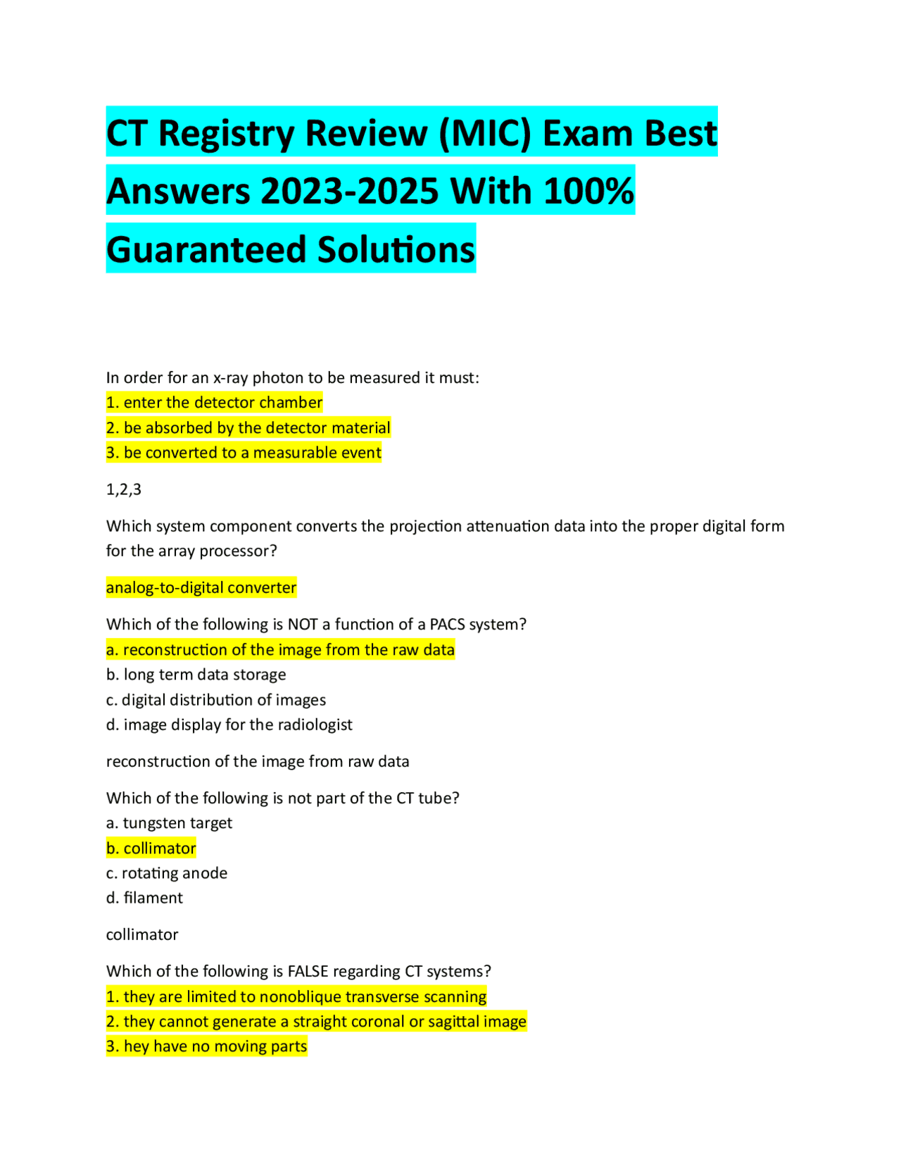 CT Registry Review (MIC) Exam Best Answers 2023-2025 With 100% ...