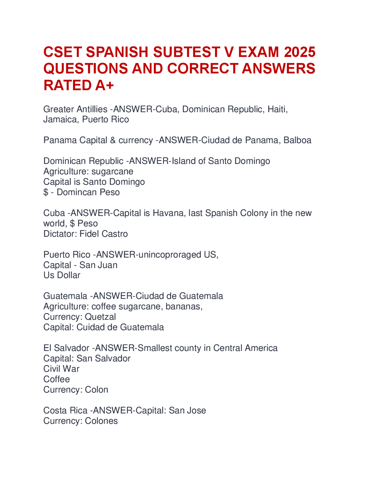 CSET SPANISH SUBTEST V EXAM 2025 QUESTIONS AND CORRECT ANSWERS RATED A+ ...