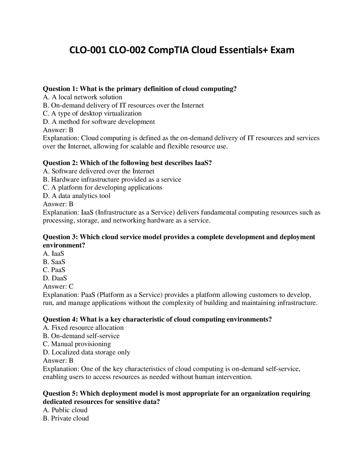 CLO-001 CLO-002 CompTIA Cloud Essentials+ Exam | Exams Technology | Docsity