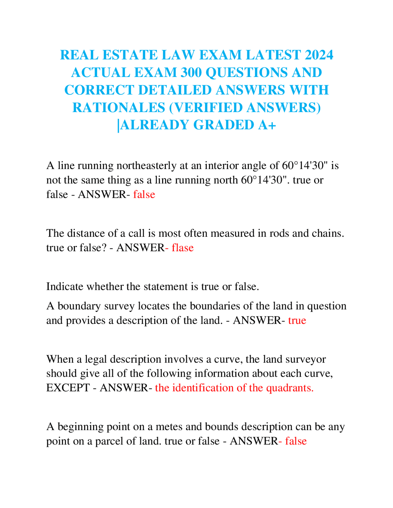REAL ESTATE LAW EXAM LATEST 2024 ACTUAL EXAM 300 QUESTIONS AND CORRECT ...