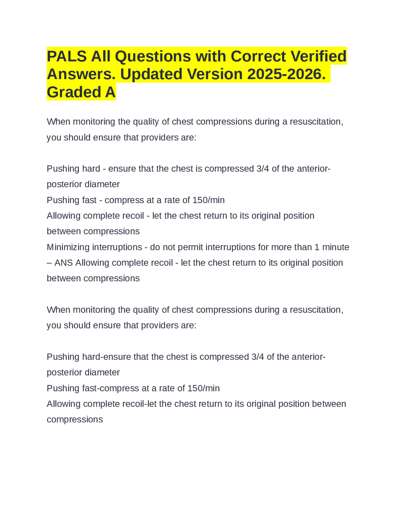 PALS All Questions with Correct Verified Answers. Updated Version 2025 ...