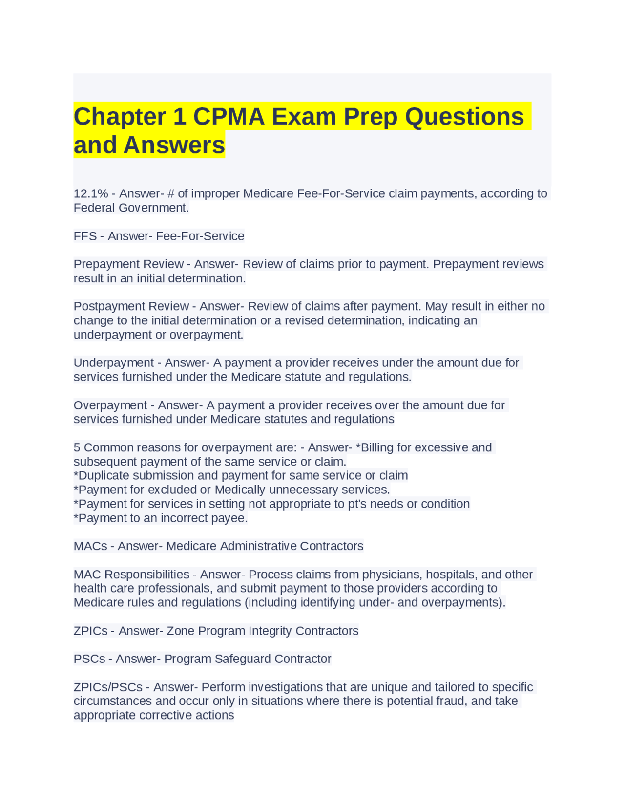 Chapter 1 CPMA Exam Prep Questions and Answers | 100% Fully Solved ...