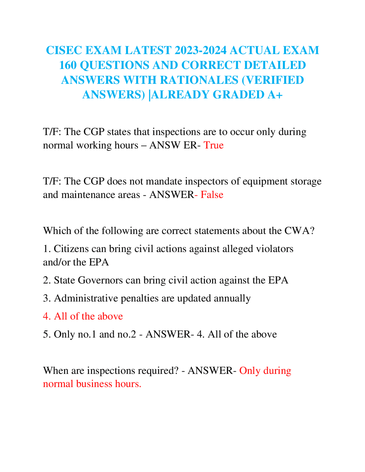 CISEC EXAM LATEST 2023-2024 ACTUAL EXAM 160 QUESTIONS AND CORRECT ...