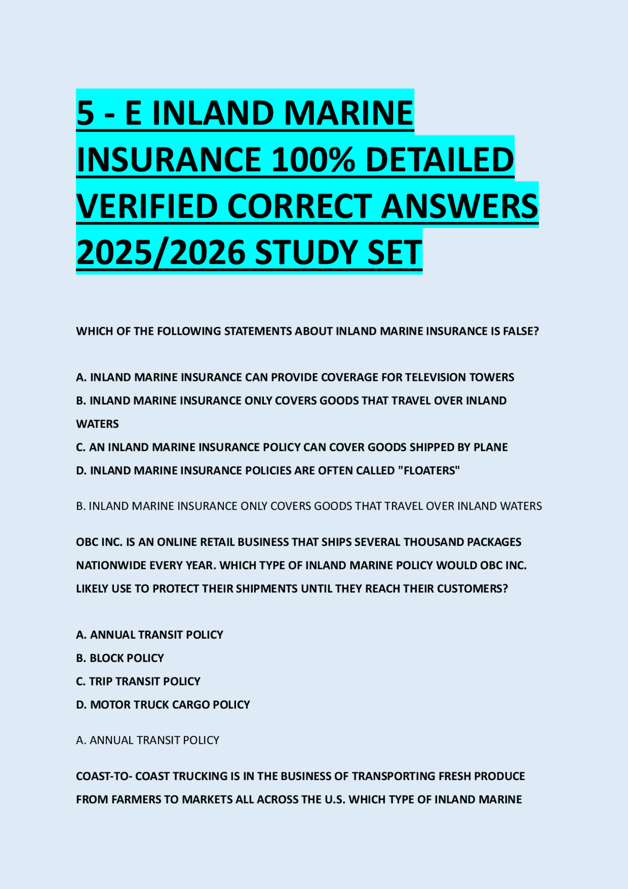 5 - E INLAND MARINE INSURANCE 100% DETAILED VERIFIED CORRECT ANSWERS ...