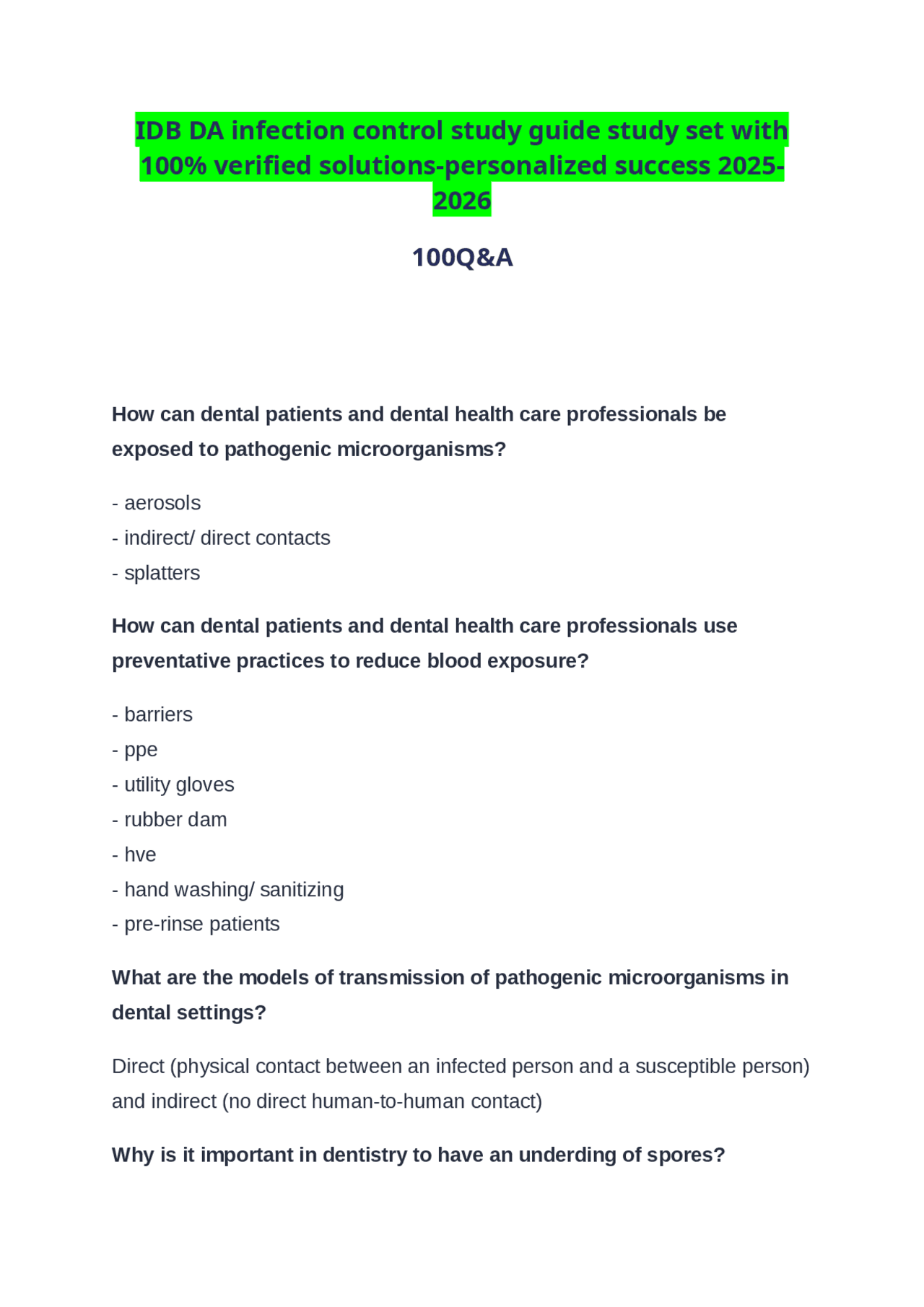 IDB DA infection control study guide study set with 100% verified ...