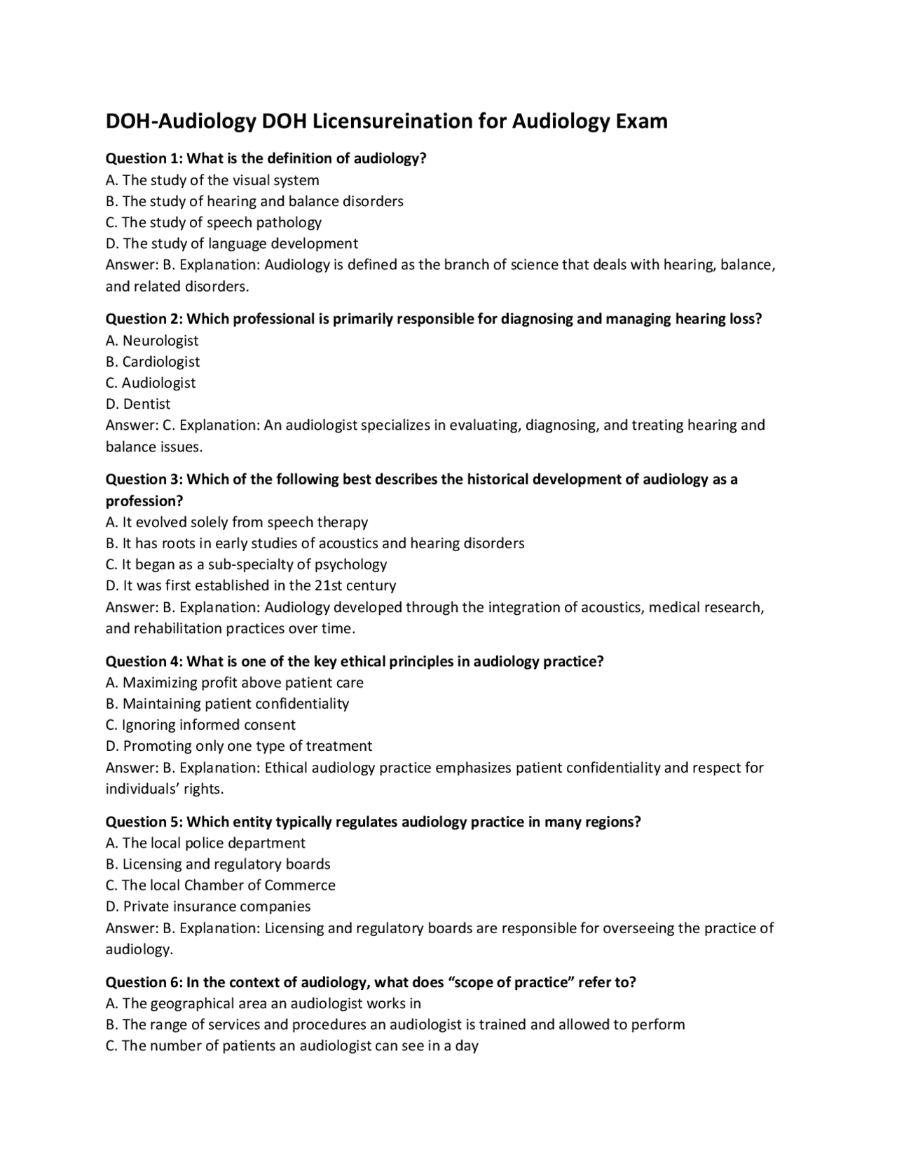 DOH-Audiology DOH Licensureination for Audiology Exam | Exams Technology | Docsity