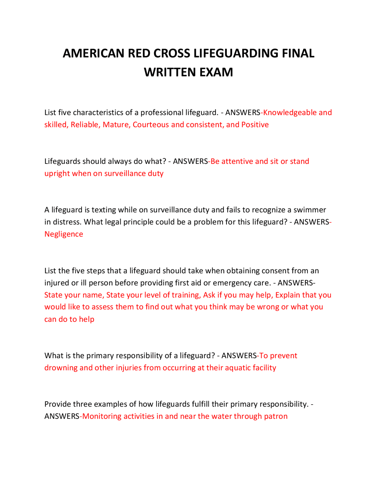 American Red Cross Lifeguarding Final Written Exam: Questions and ...