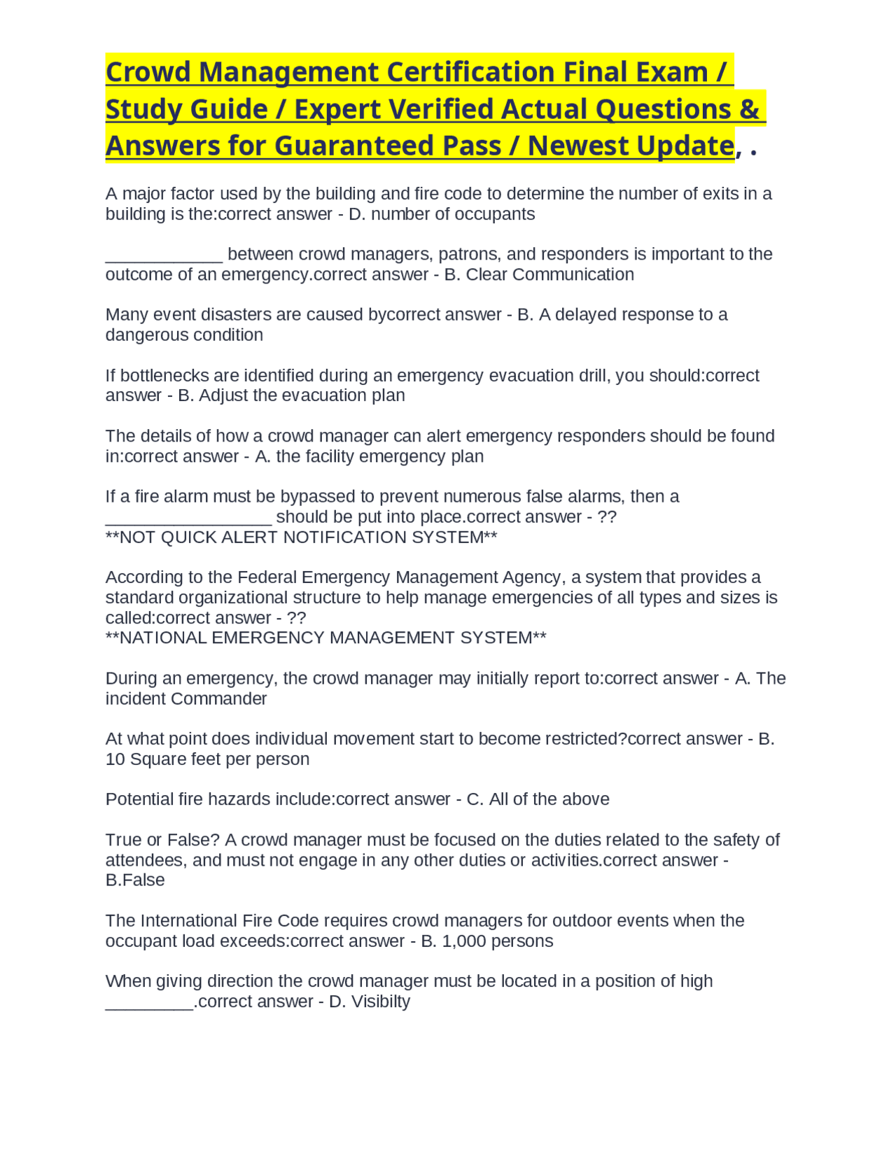 Crowd Management Certification Final Exam / Study Guide / Expert ...
