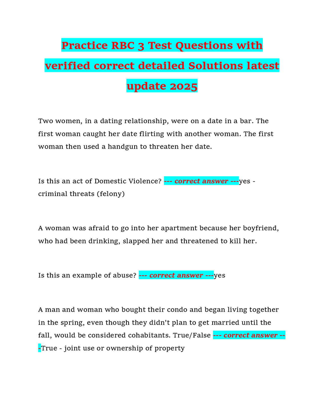 Practice RBC 3 Test Questions with verified correct detailed Solutions ...