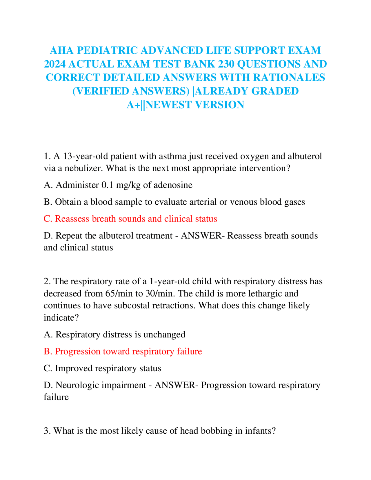 AHA PEDIATRIC ADVANCED LIFE SUPPORT EXAM 2024 ACTUAL EXAM TEST BANK 230 ...