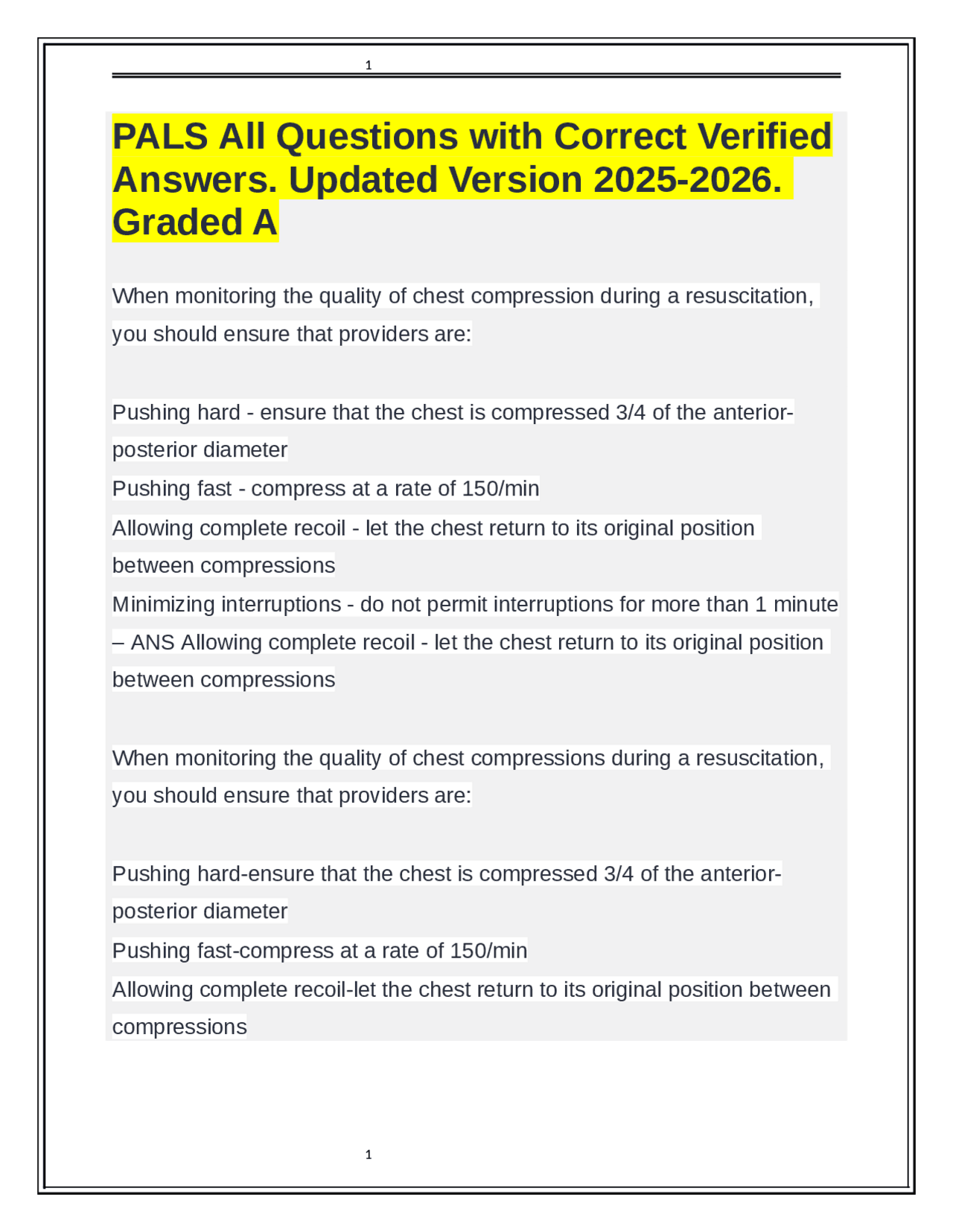 PALS All Questions with Correct Verified Answers. Updated Version 2025 ...