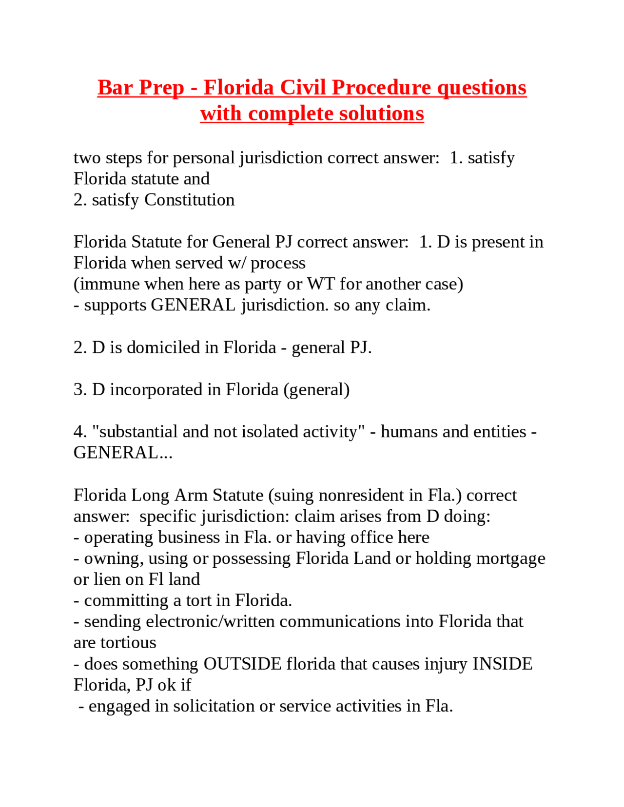Florida Civil Procedure: Questions and Answers for Bar Exam Preparation ...