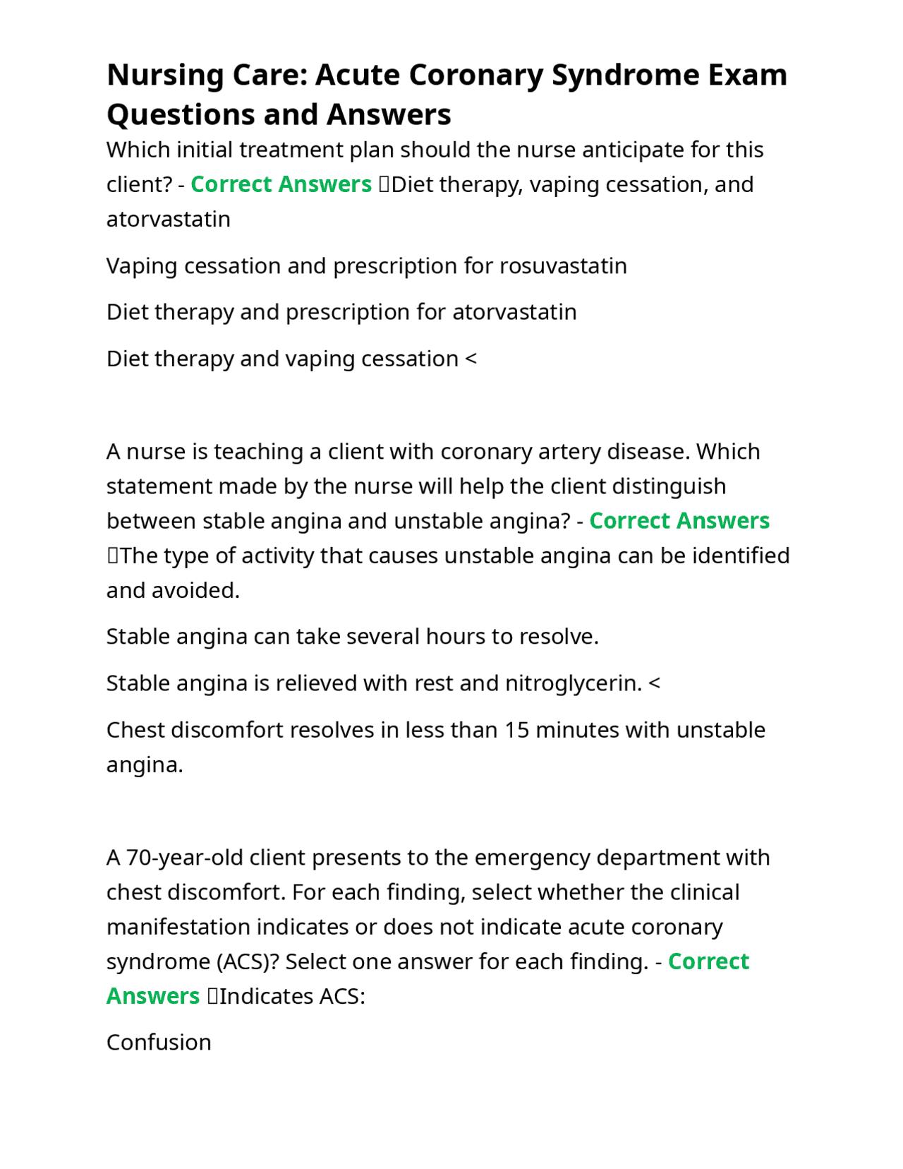 Nursing Care for Acute Coronary Syndrome: Exam Questions and Answers ...