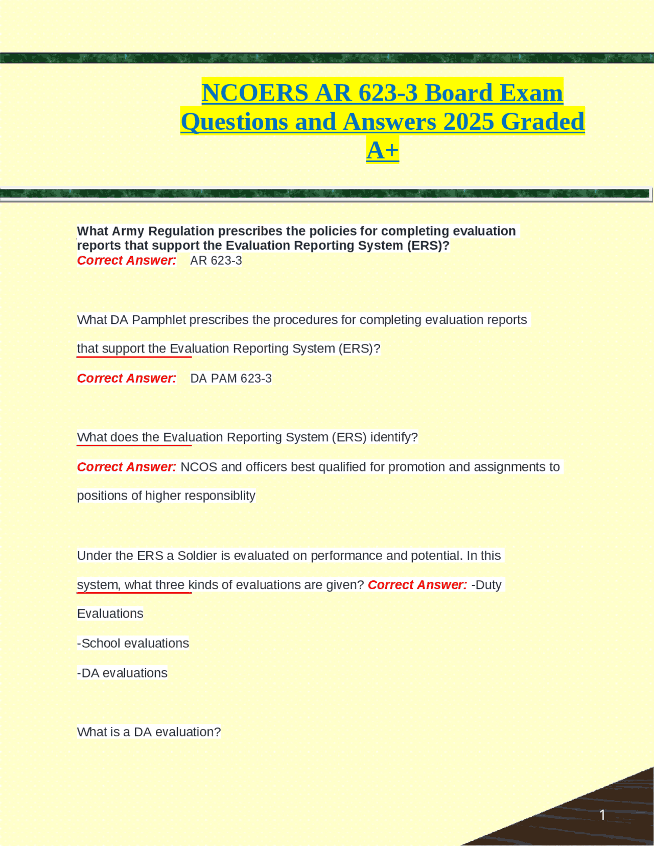 NCOERS AR 623-3 Board Exam Questions and Answers | Exams Nursing | Docsity