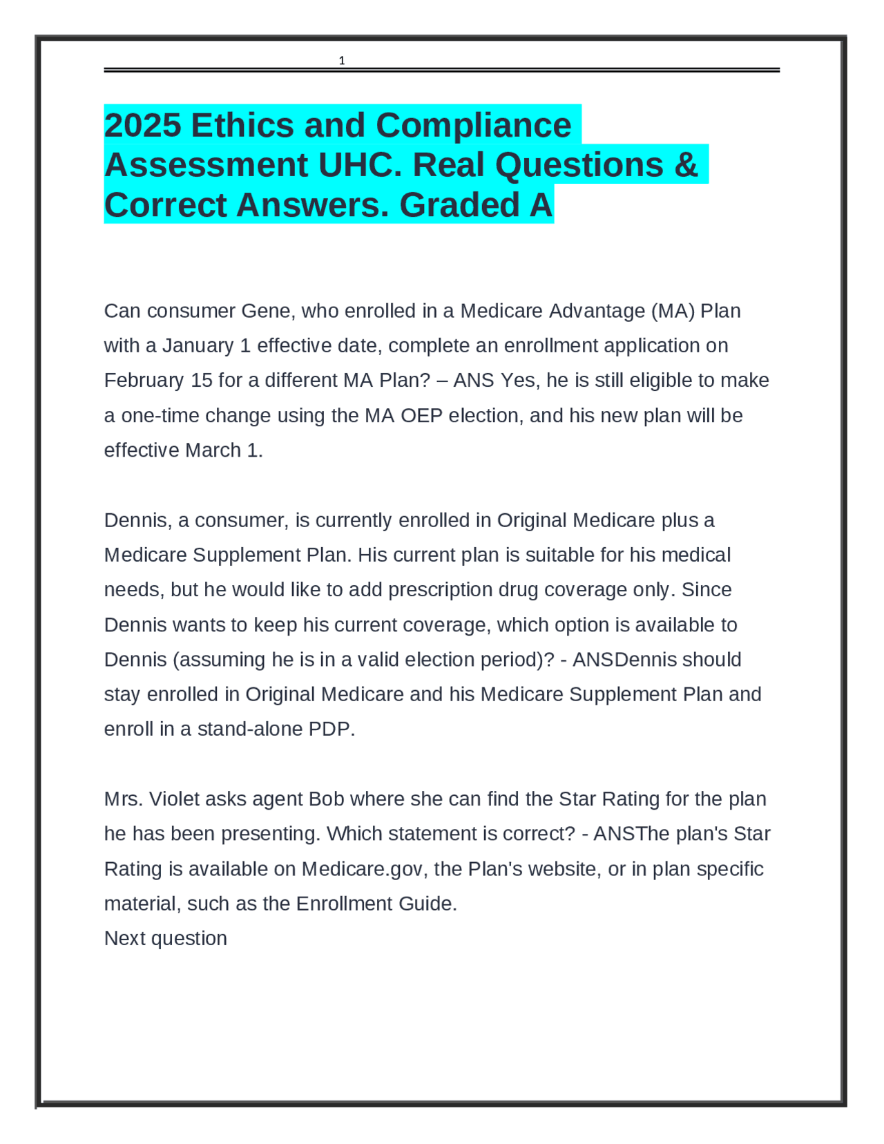 2025 Ethics and Compliance Assessment UHC. Real Questions & Correct ...