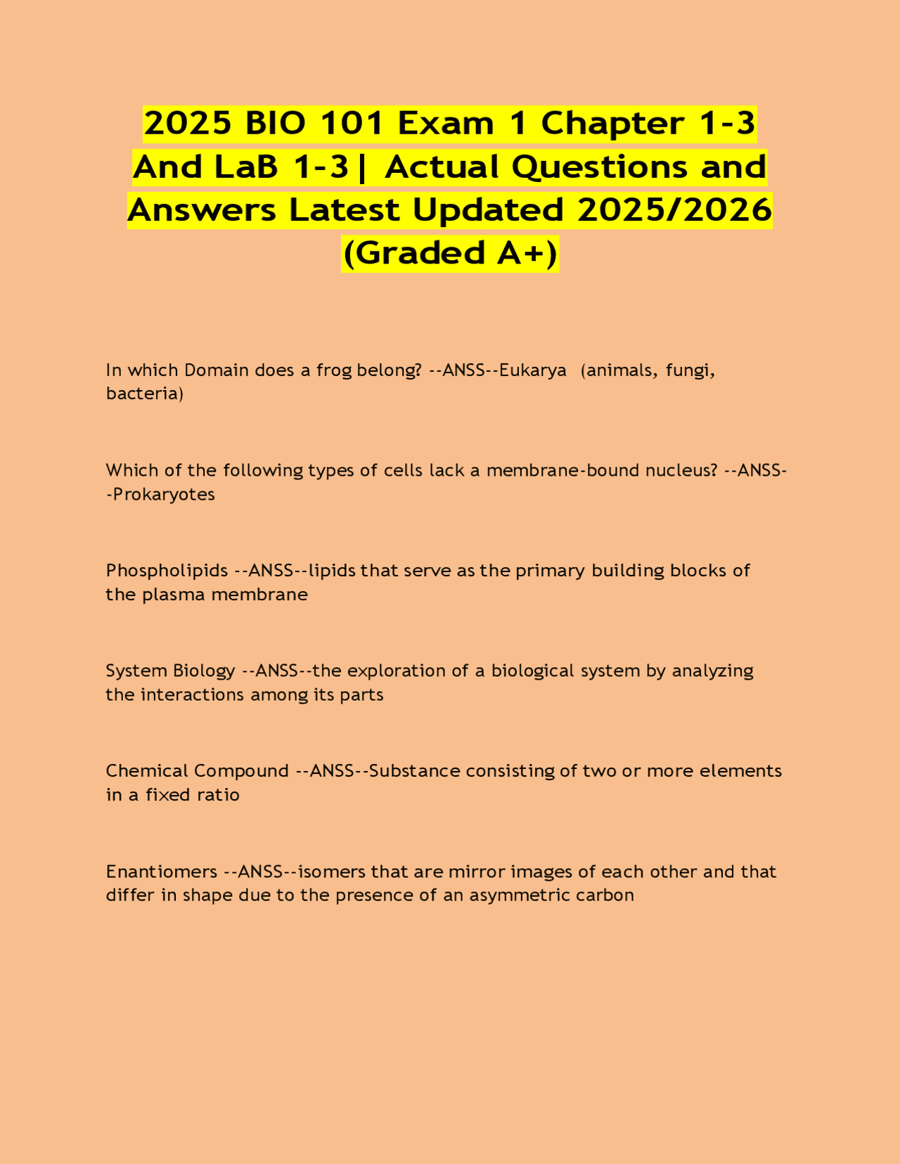 2025 BIO 101 Exam 1 Chapter 1-3 And Lab 1-3| Actual Questions and ...