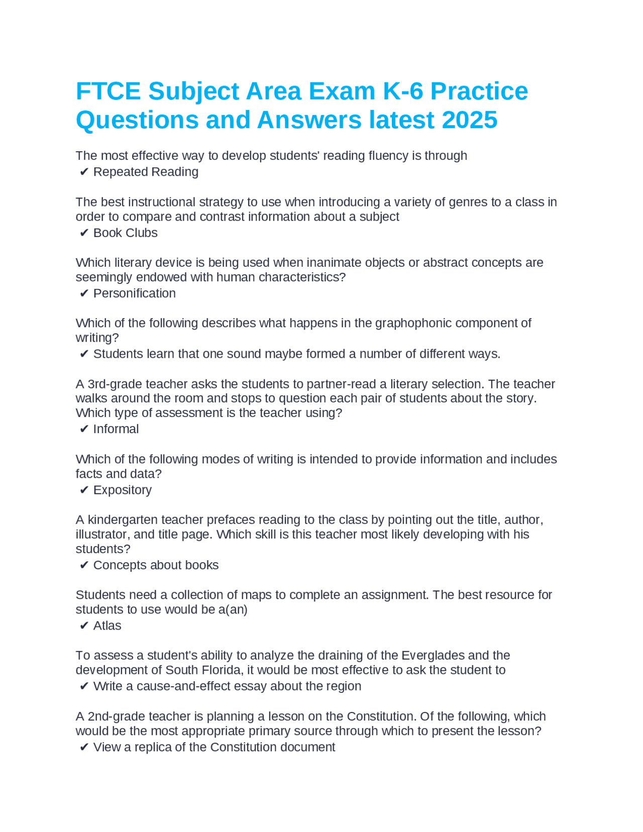 FTCE Subject Area Exam K-6 Practice Questions and Answers latest 2025 ...