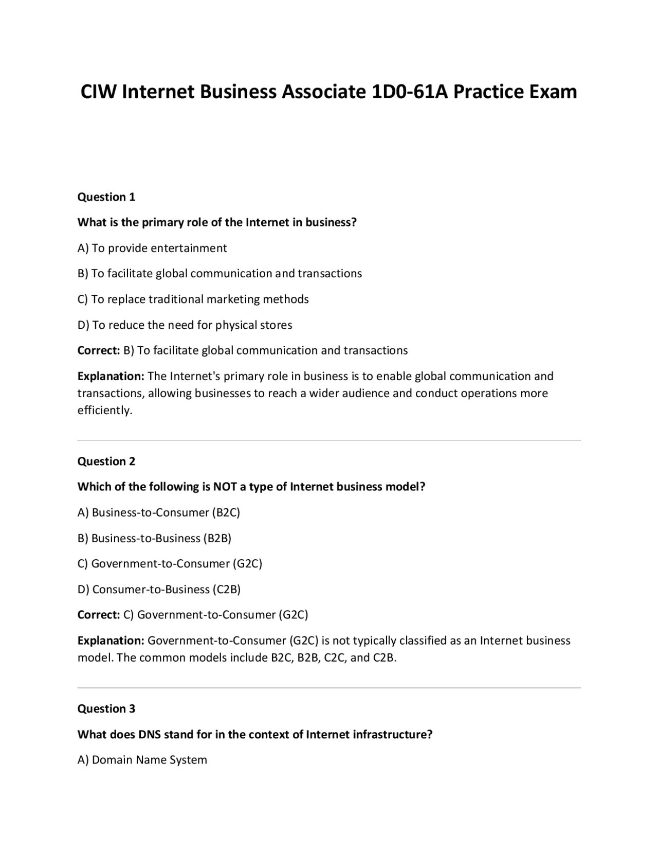 CIW Internet Business Associate 1D0-61A Exam | Exams Technology | Docsity