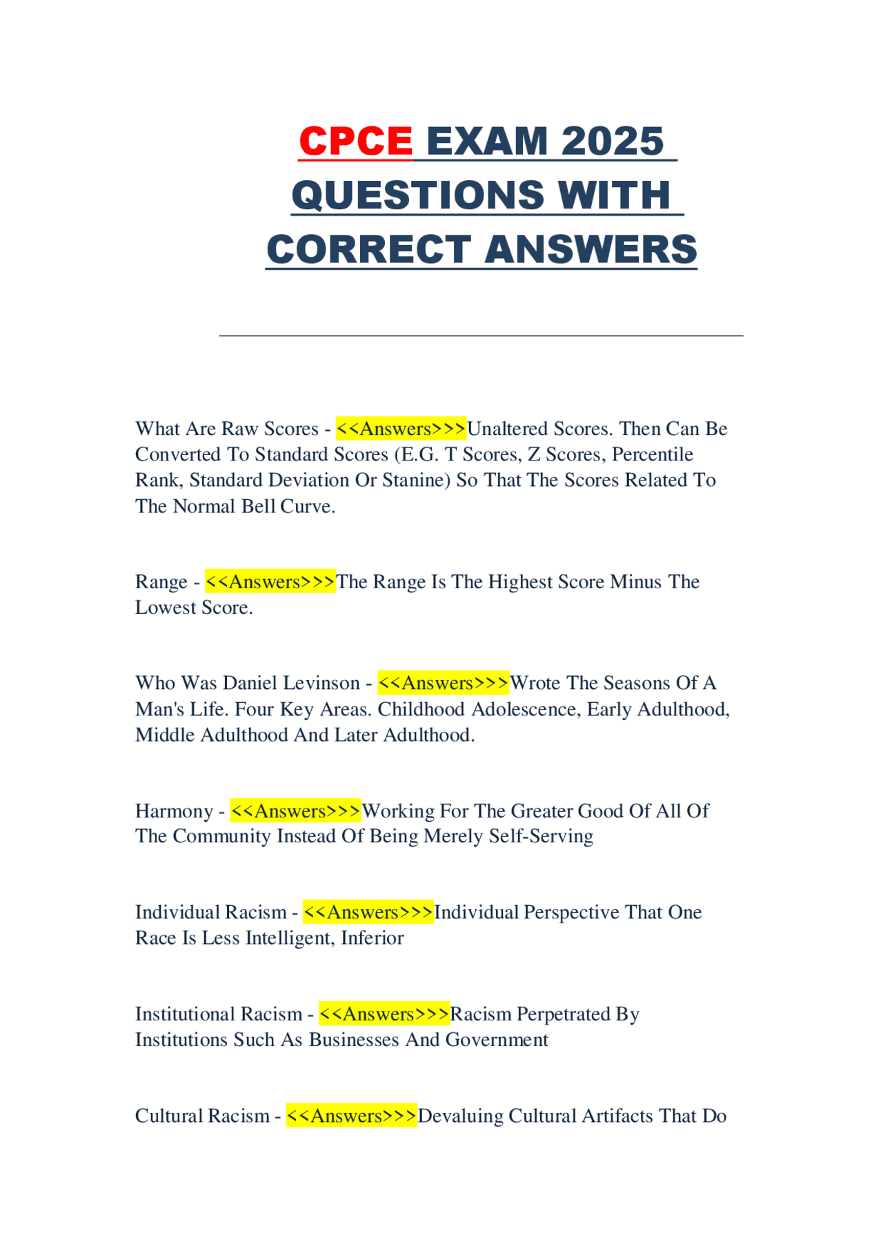 CPCE EXAM 2025 QUESTIONS WITH CORRECT ANSWERS | Exams Nursing | Docsity