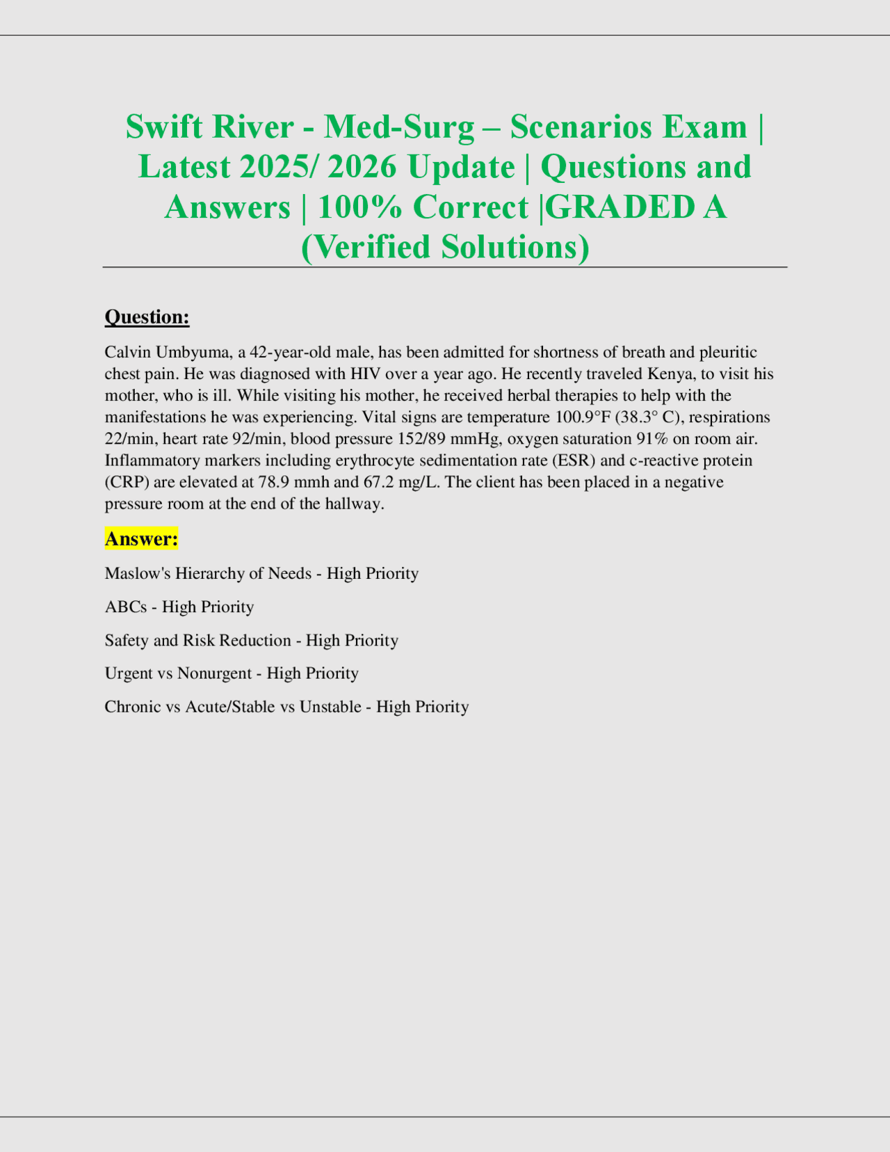 Swift River - Med-Surg – Scenarios Exam | Latest 2025/ 2026 Update ...