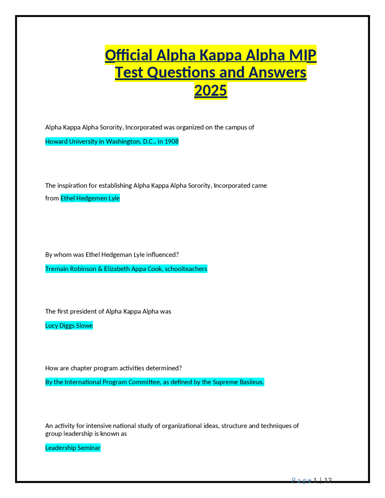 Official Alpha Kappa Alpha MIP Test Questions and Answers 2025 | Exams ...