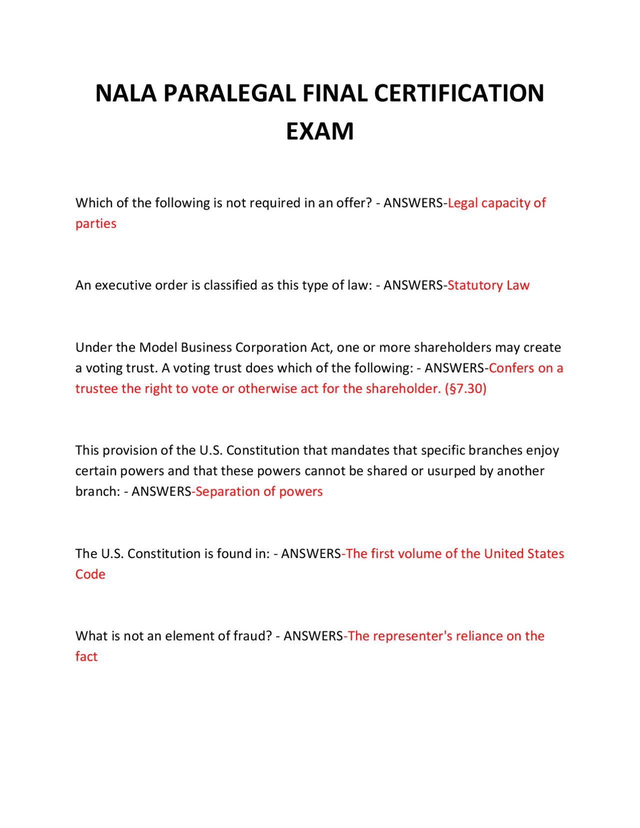 NALA PARALEGAL FINAL CERTIFICATION EXAM QUESTIONS AND ANSWERS 2025 ...