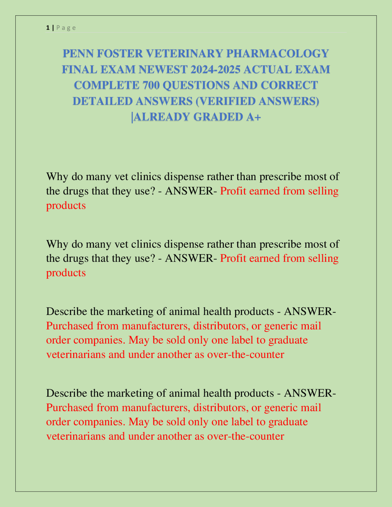 PENN FOSTER VETERINARY PHARMACOLOGY FINAL EXAM NEWEST 2024-2025 ACTUAL ...