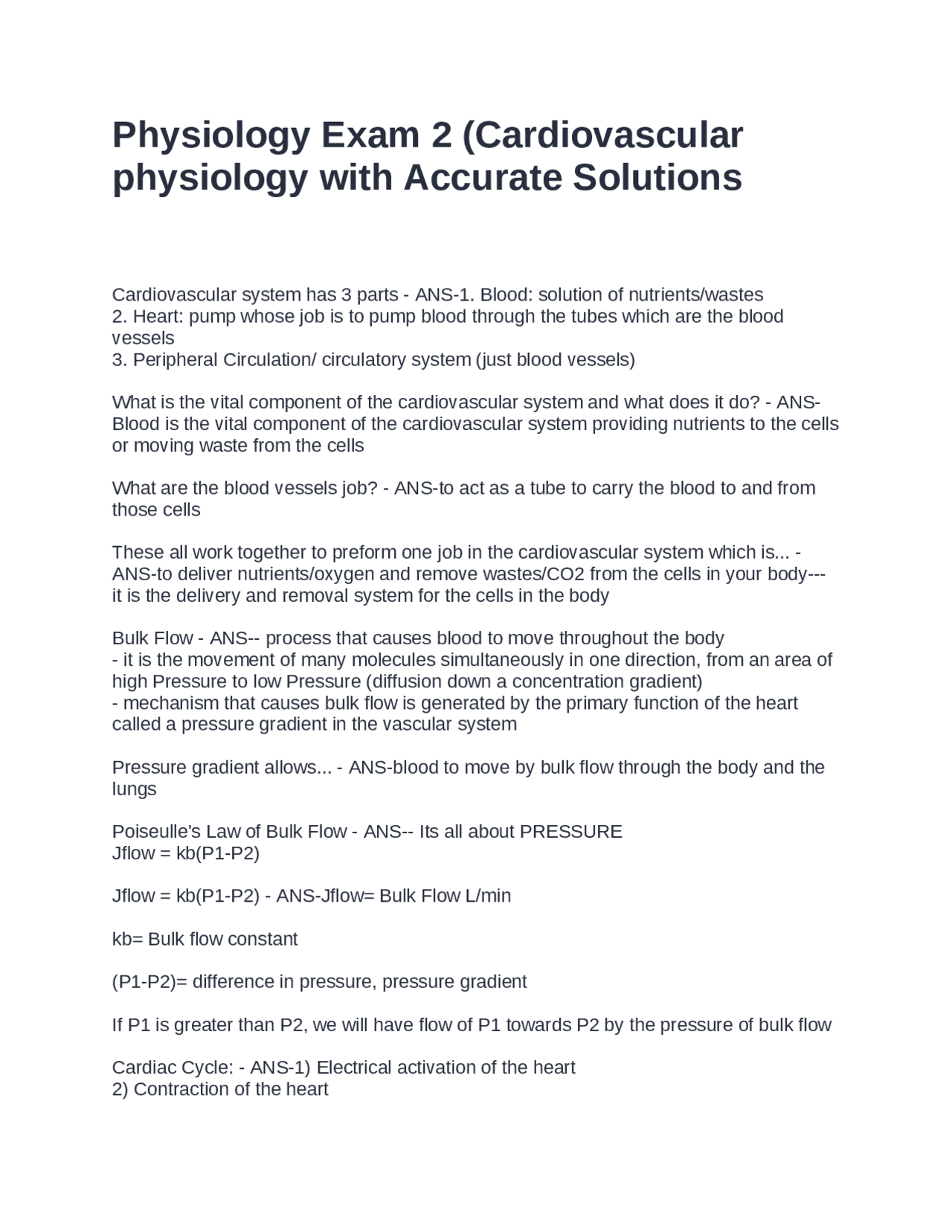 Physiology Exam 2: Cardiovascular Physiology with Accurate Solutions ...