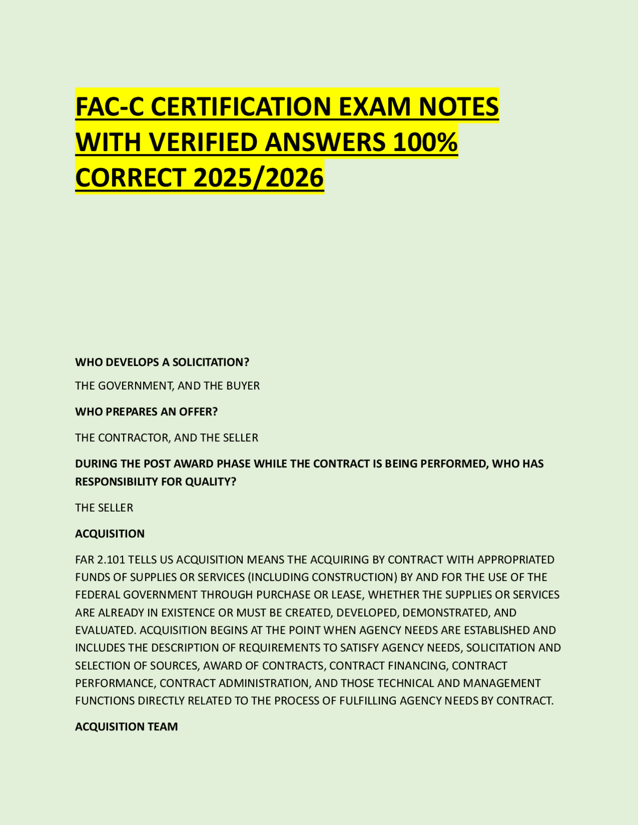 FAC-C CERTIFICATION EXAM NOTES WITH VERIFIED ANSWERS 100% CORRECT 2025/ ...