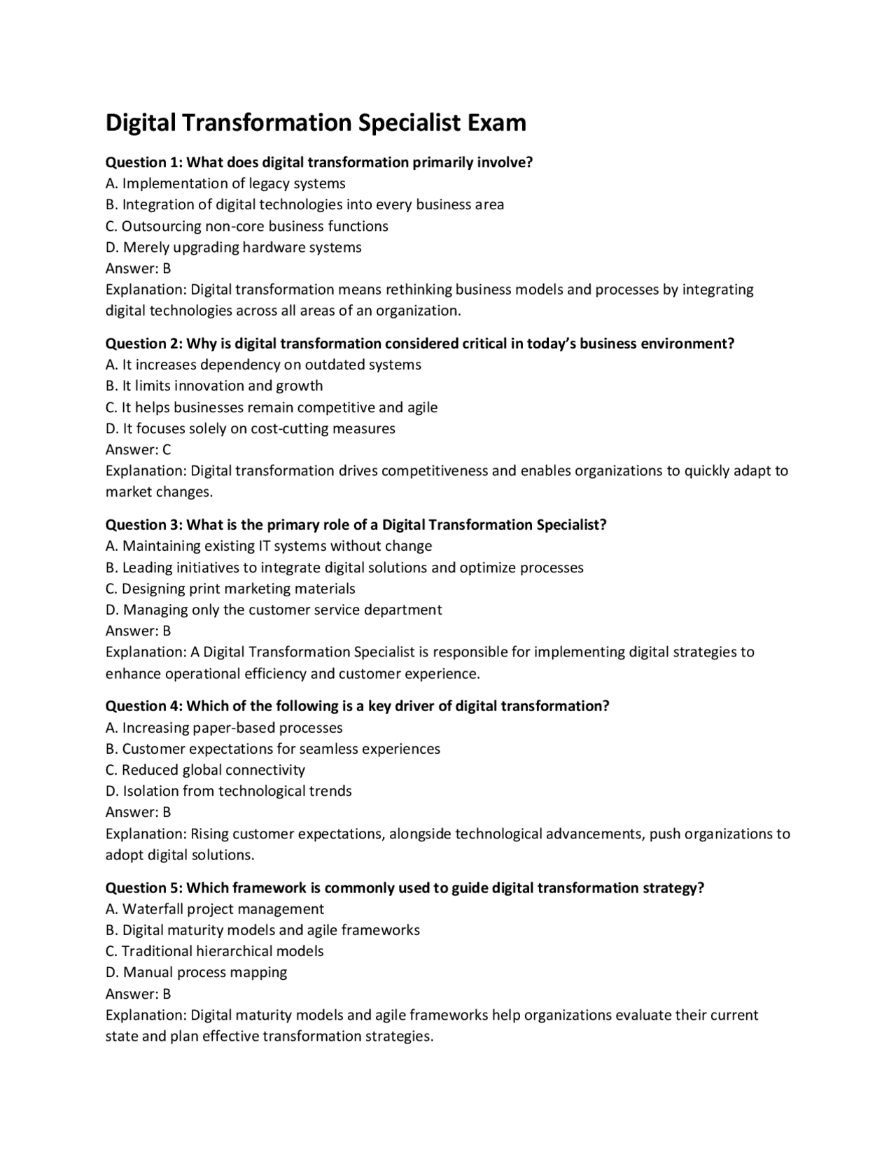 Digital Transformation Specialist Exam | Exams Technology | Docsity