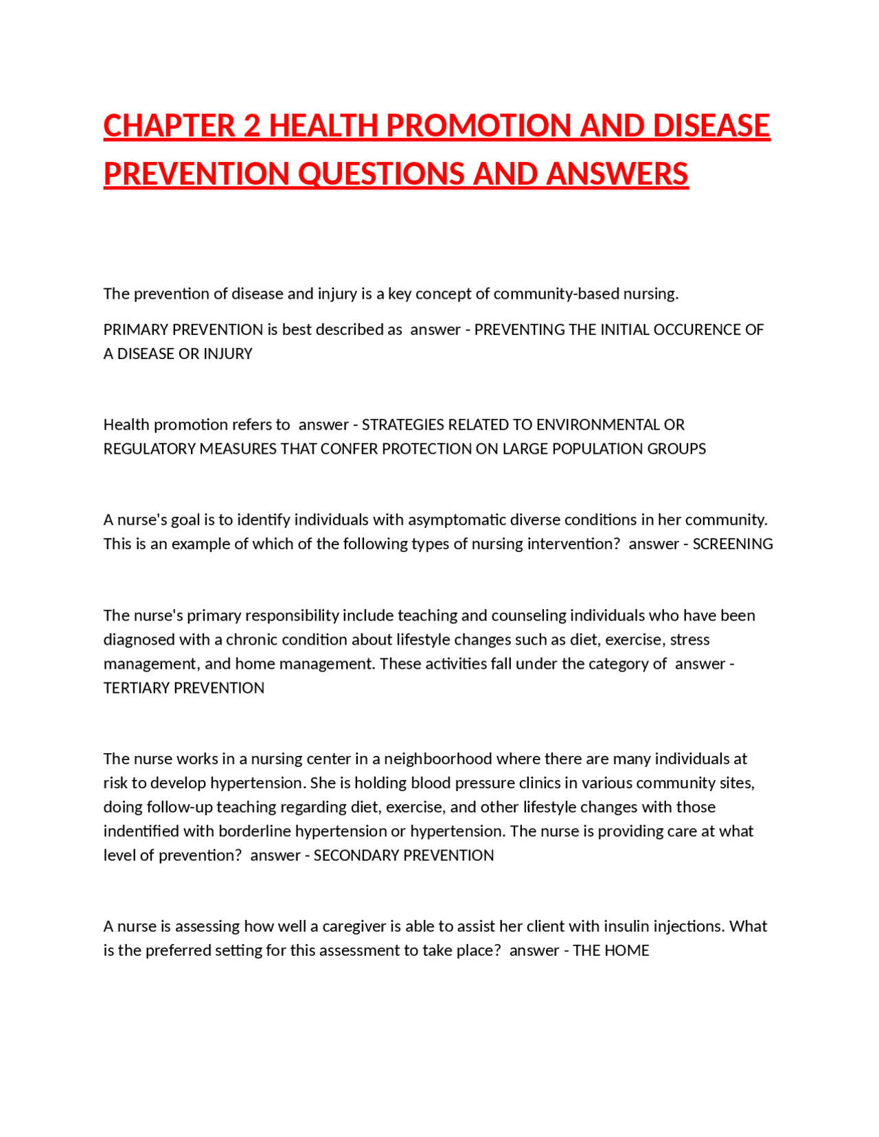 Health Promotion and Disease Prevention: Questions and Answers | Exams ...