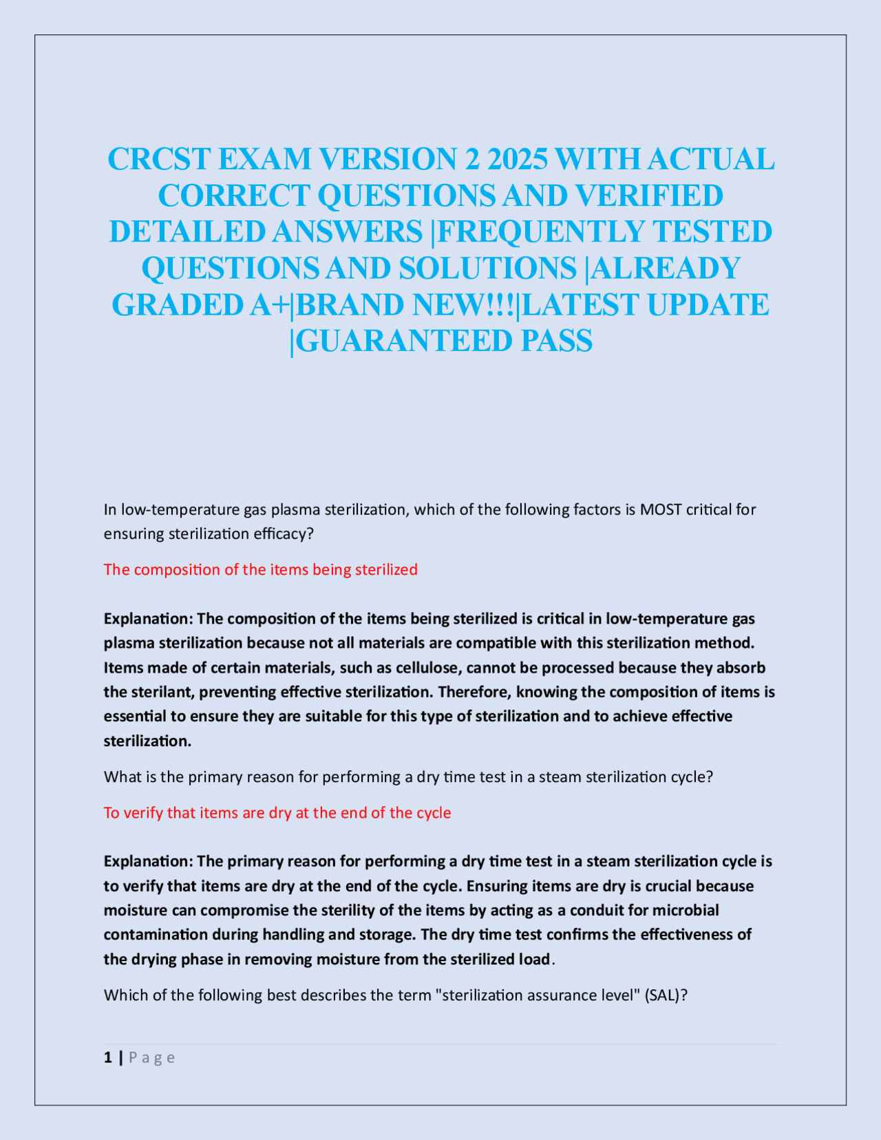 CRCST EXAM VERSION 2 2025 | Exams Health sciences | Docsity