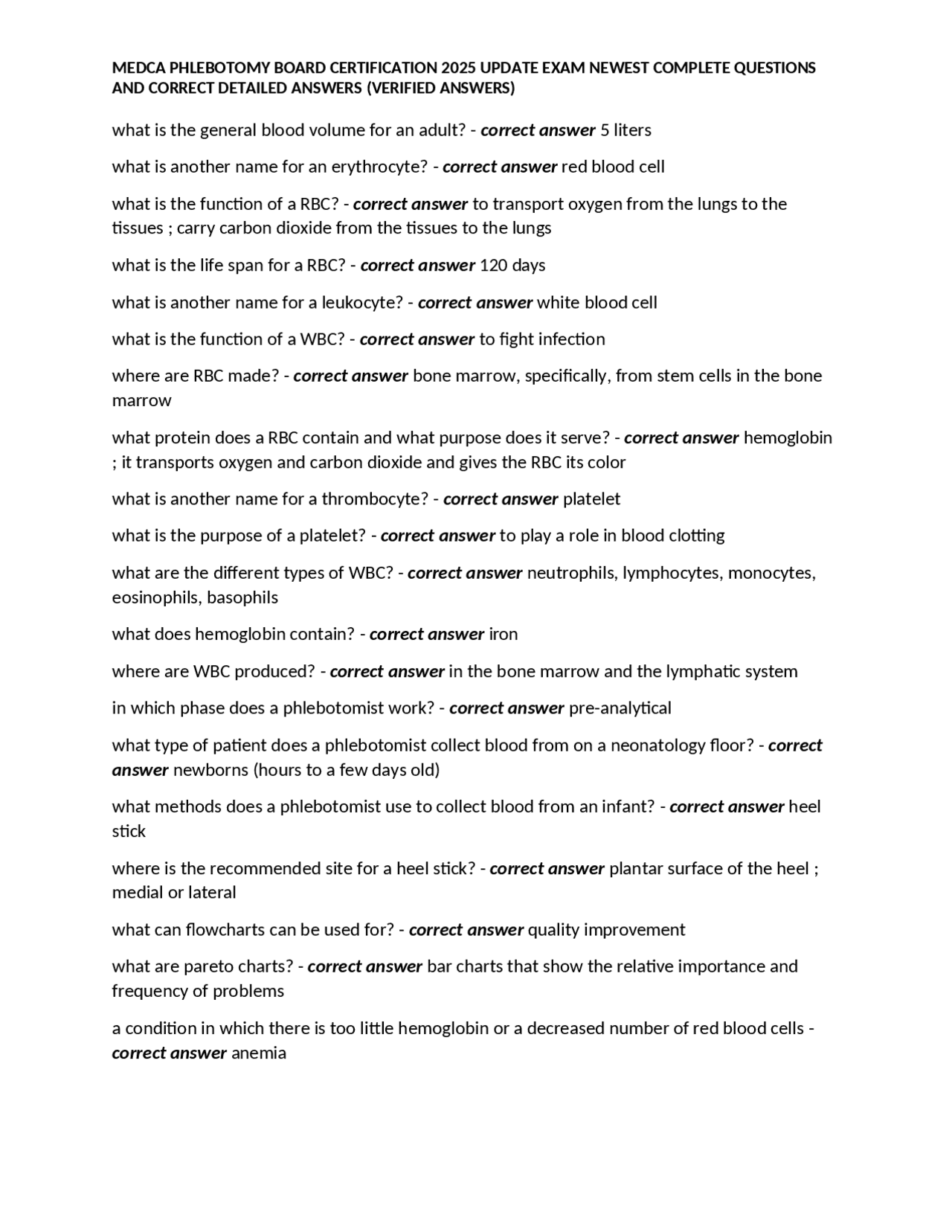 MEDCA Phlebotomy Board Certification 2025 Update Exam: Questions and ...