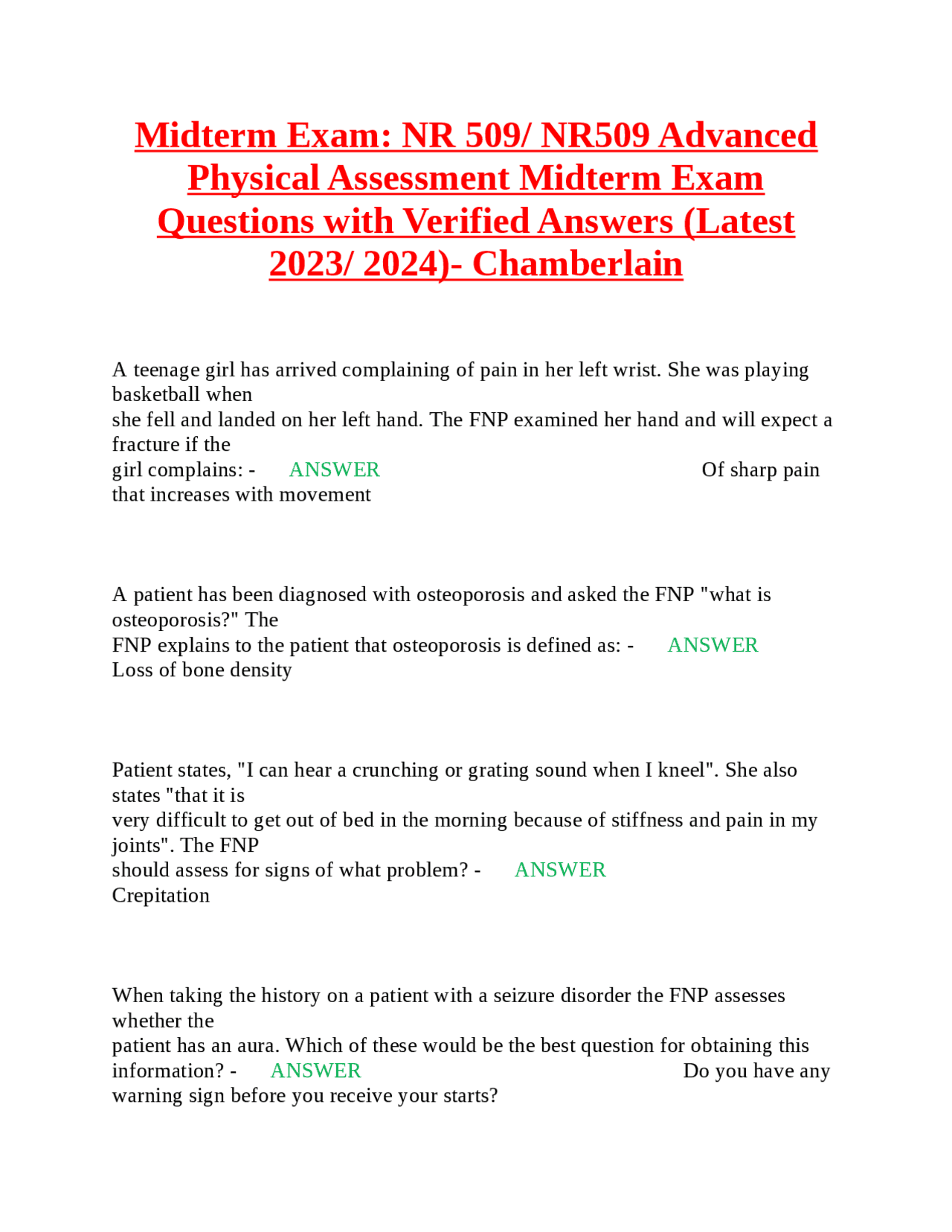 Midterm Exam: NR 509/ NR509 Advanced Physical Assessment Midterm Exam Questions with Verif ...