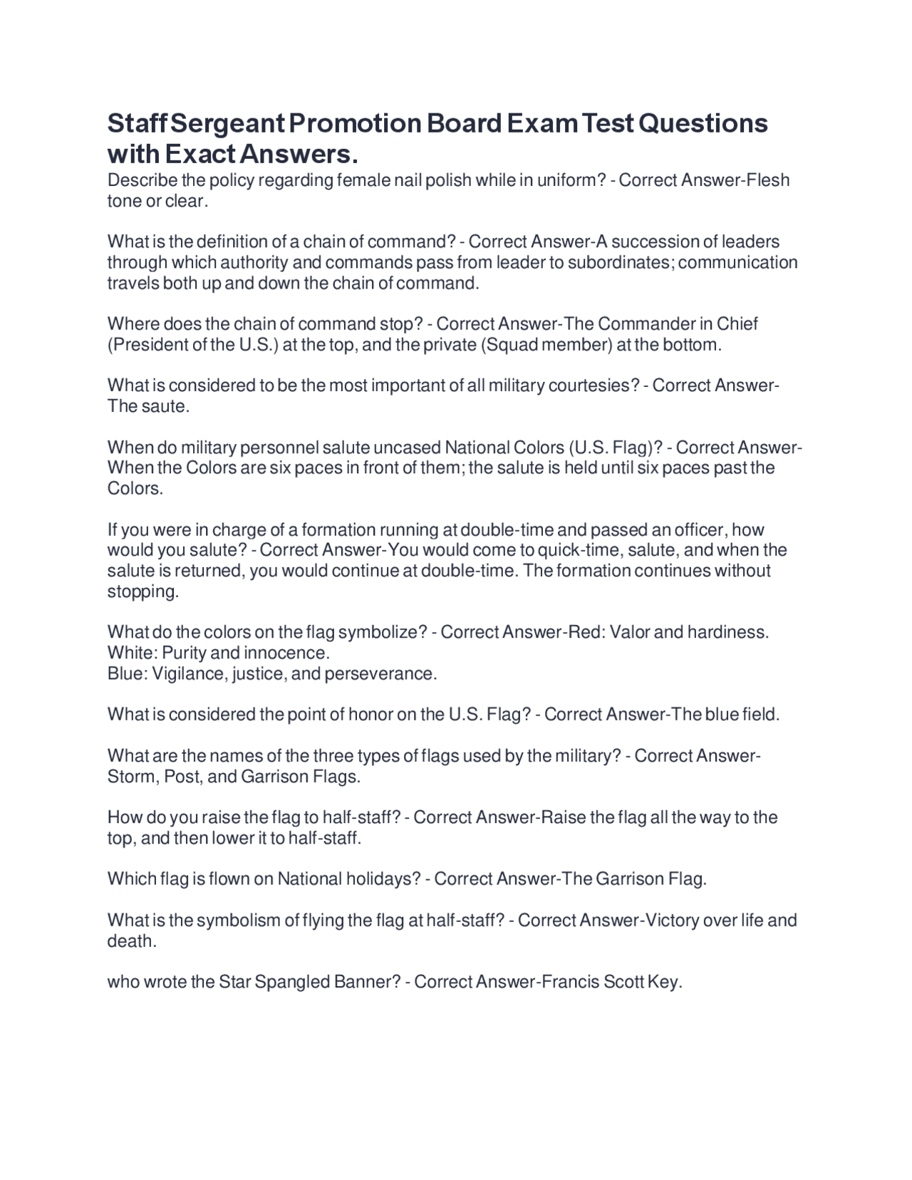 Staff Sergeant Promotion Board Exam Test Questions with Exact Answers ...