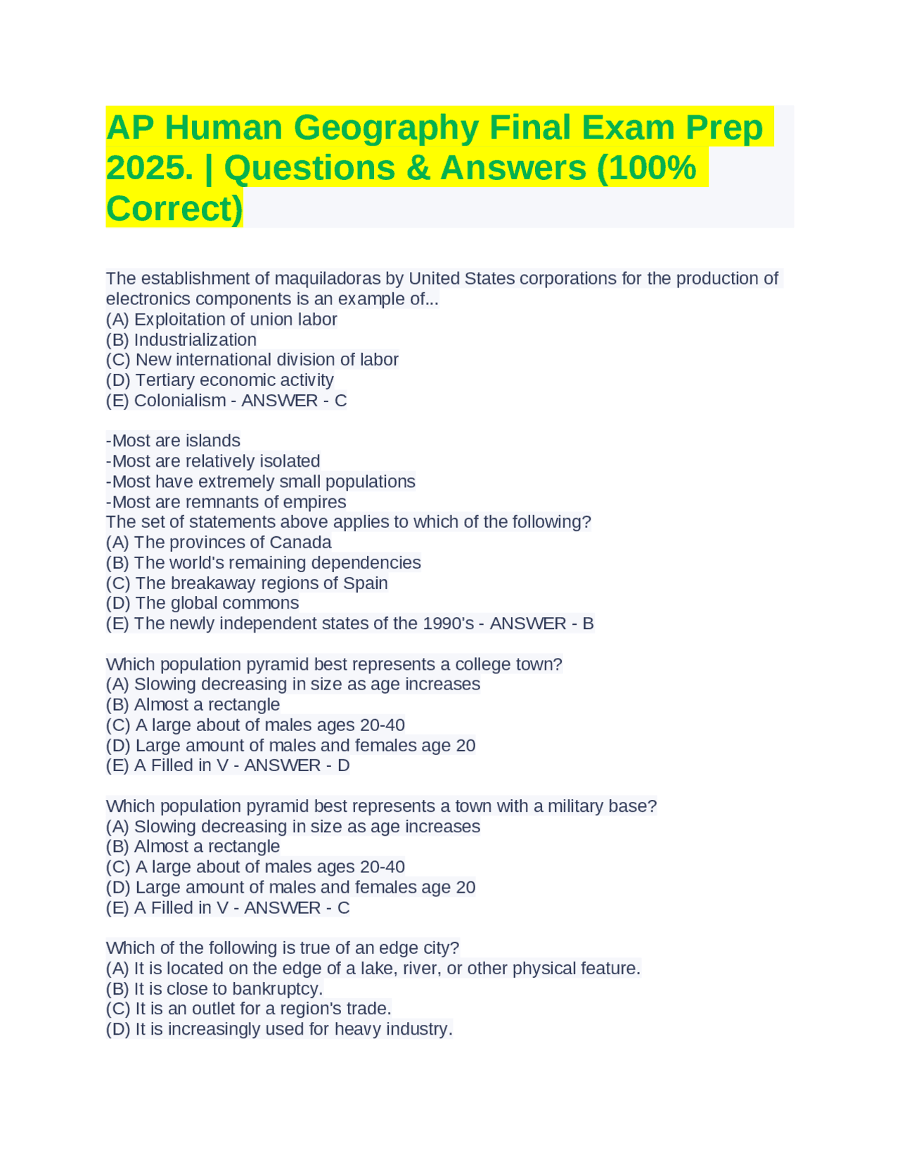 AP Human Geography Final Exam Prep 2025. | Questions & Answers (100% ...